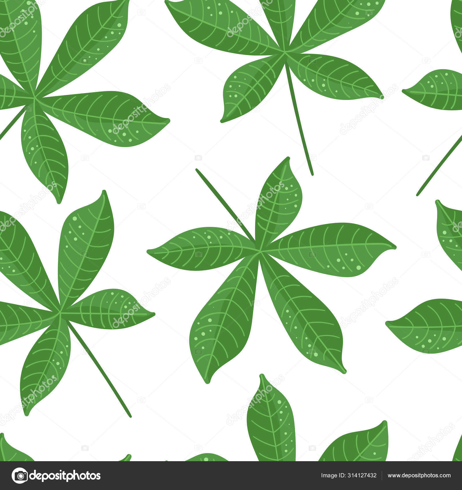 Cassava leaves on white background. Tapioca. Vector seamless pattern ...