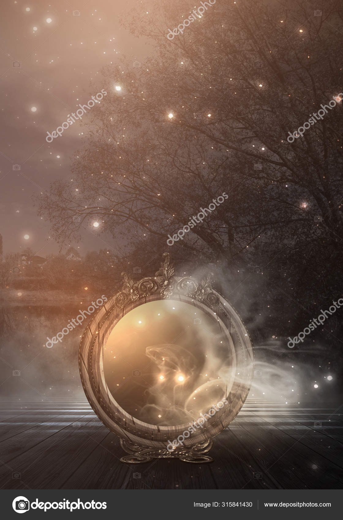 Dark Forest Magic Mirror Night View Smoke Smog Neon Light Stock Photo ...