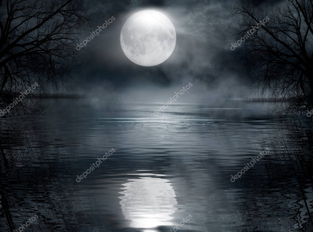 Bosque futurista frío oscuro. Escna dramática con árboles, luna grande ...