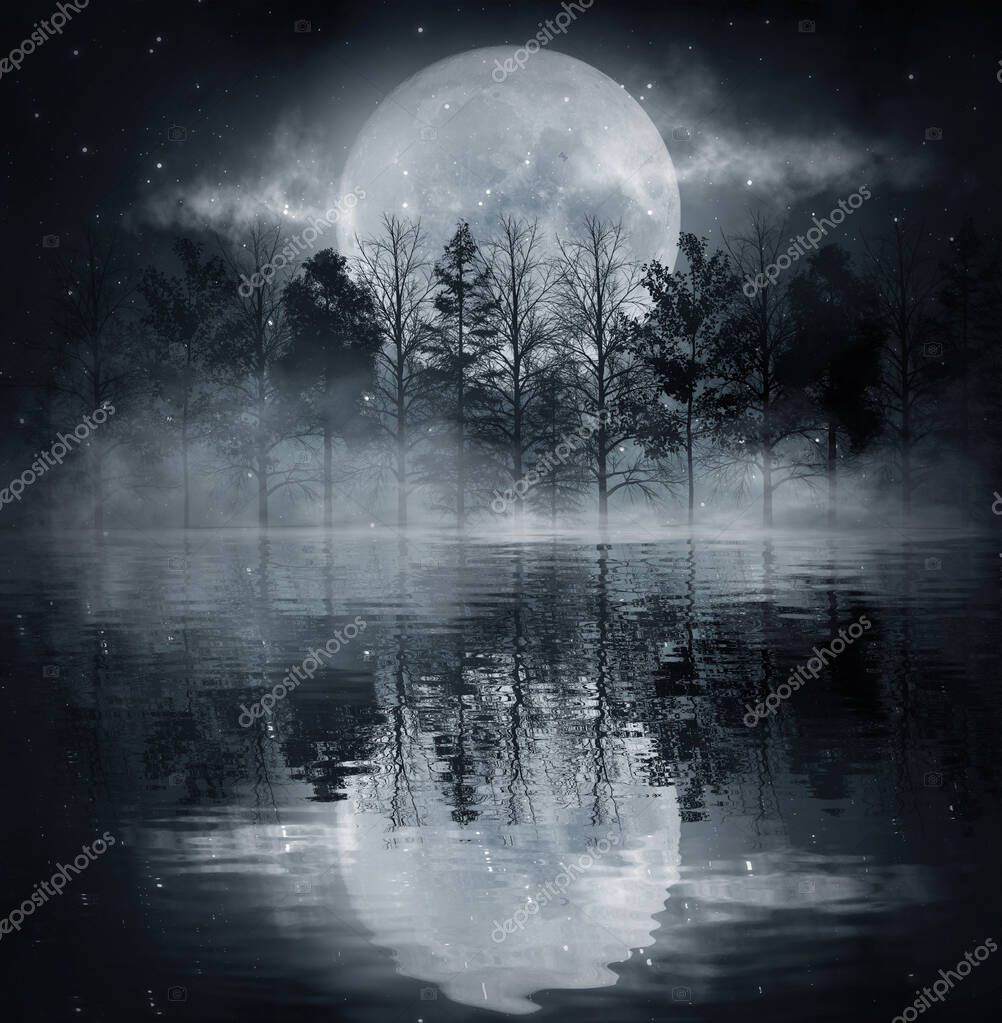 Bosque futurista frío oscuro. Escna dramática con árboles, luna grande ...