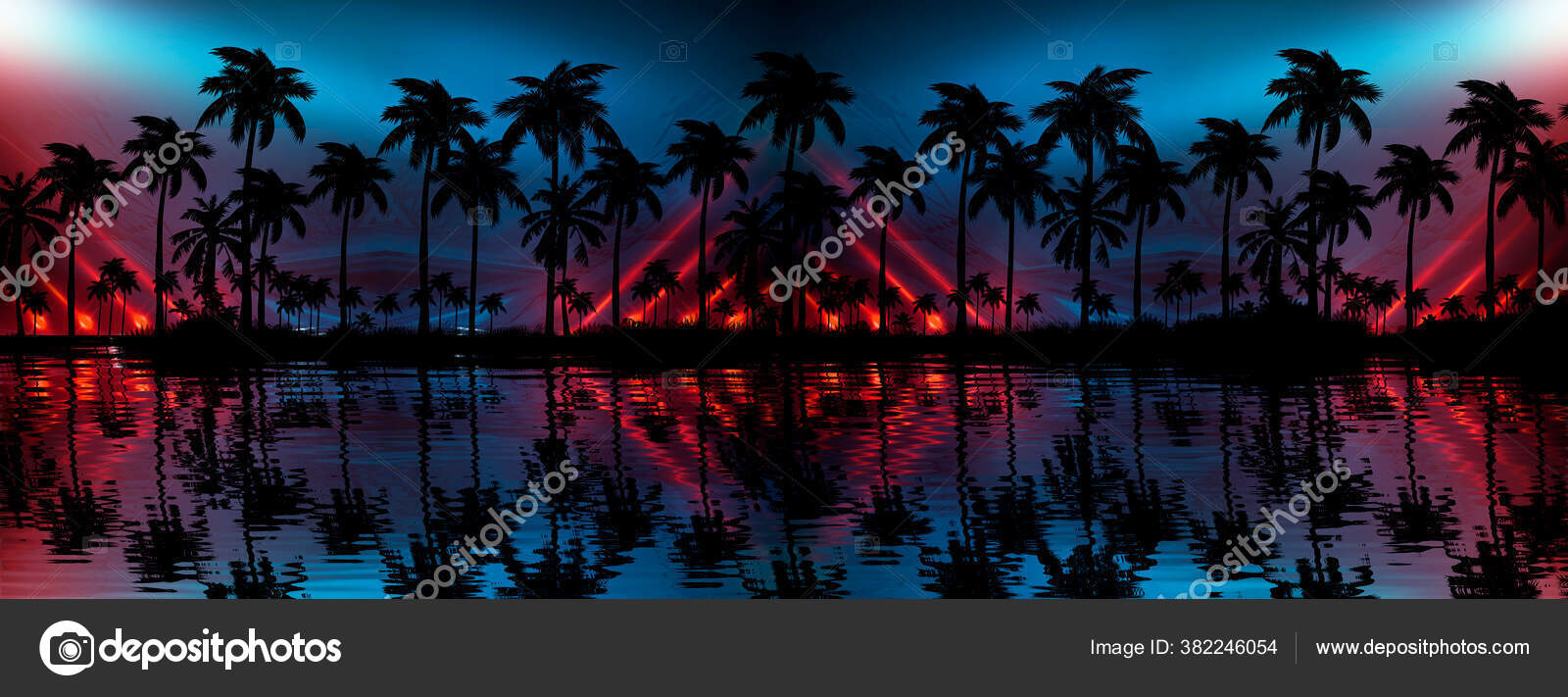 Night Landscape Palm Trees Backdrop Neon Sunset Stars Silhouette ...