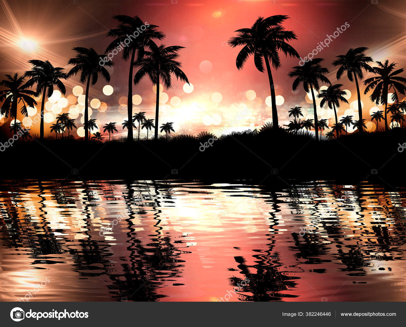 Night Landscape Palm Trees Backdrop Neon Sunset Stars Silhouette ...