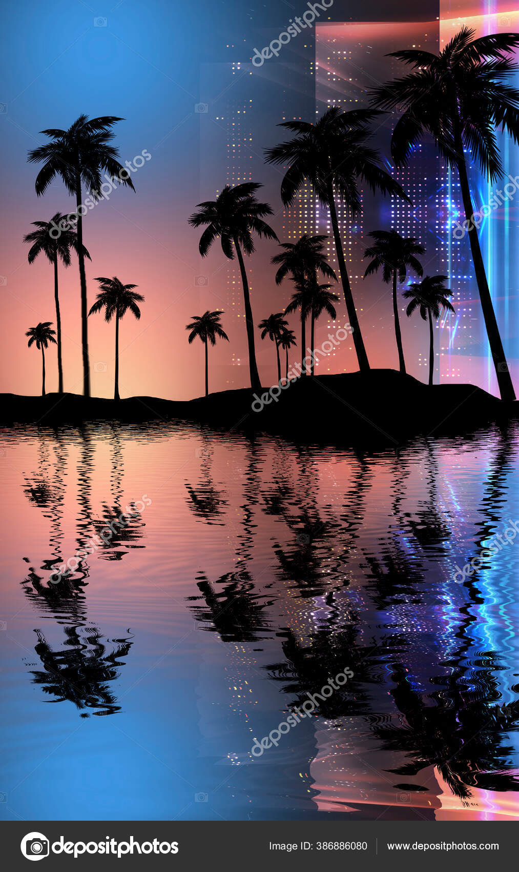 Empty Dark Tropical Background Night Sea Beach Neon Light City — Stock ...