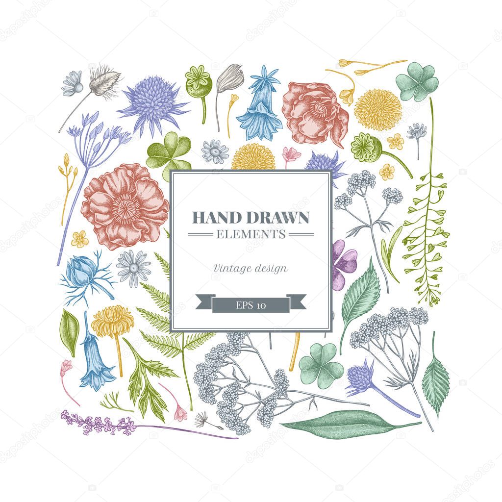 Diseño floral cuadrado con monedero de pastor pastel, brezo, helecho ...