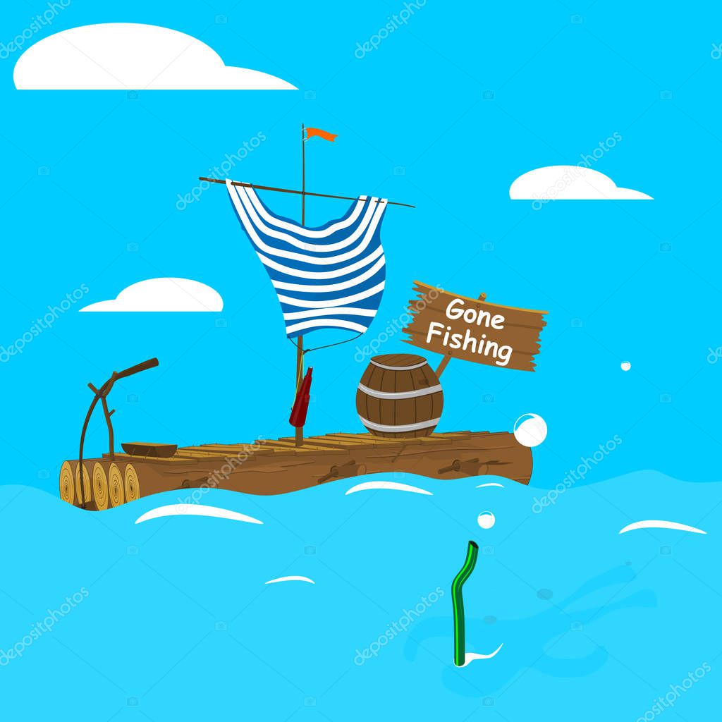 Se fue a pescar. Una balsa de dibujos animados vacía con una sombra de ...