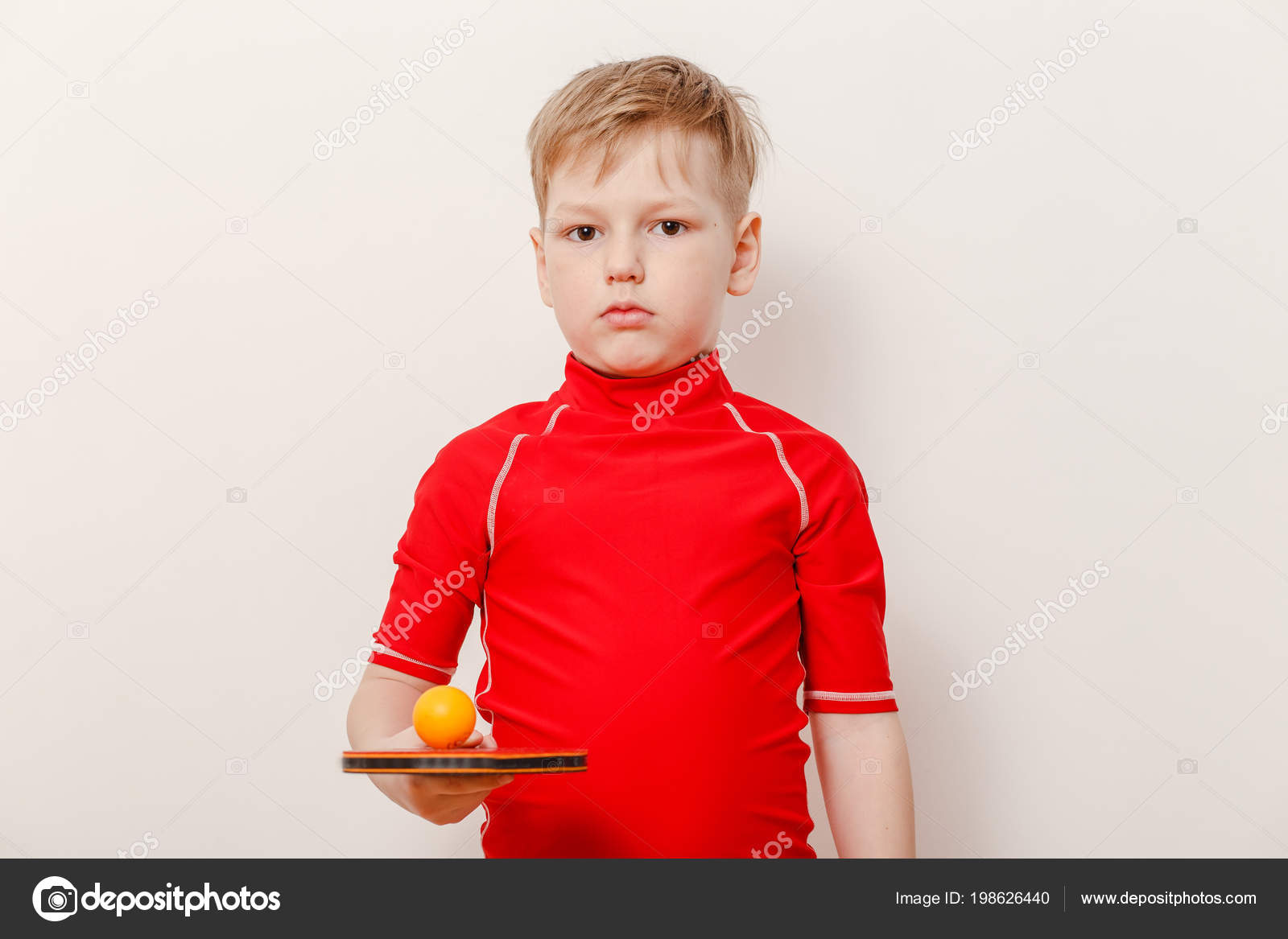 Boy Red Shirt Holding Table Tennis Racket Ball White Background Stock ...