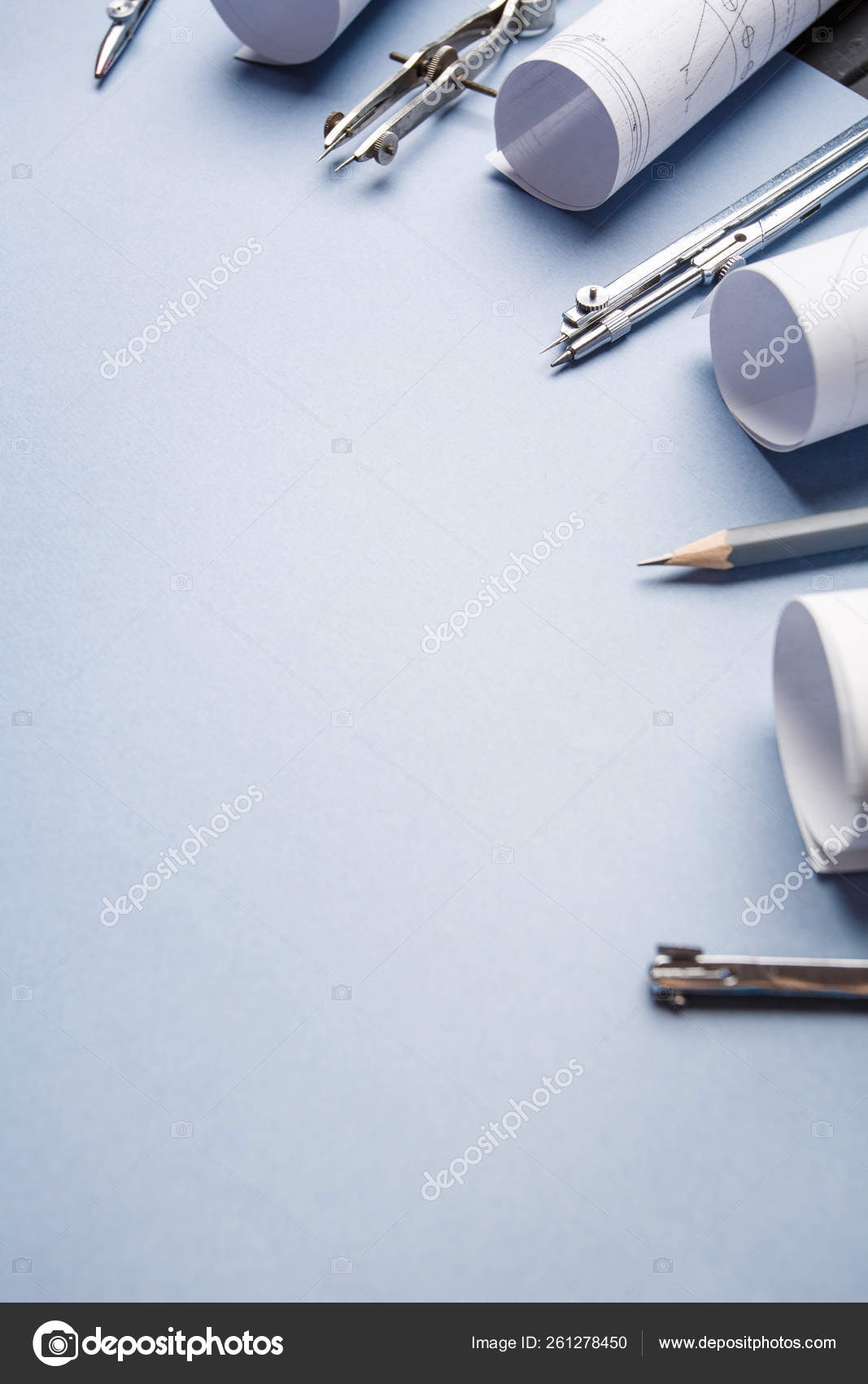 Composition lined with tools for drawing and rolls of drawings — Stock ...