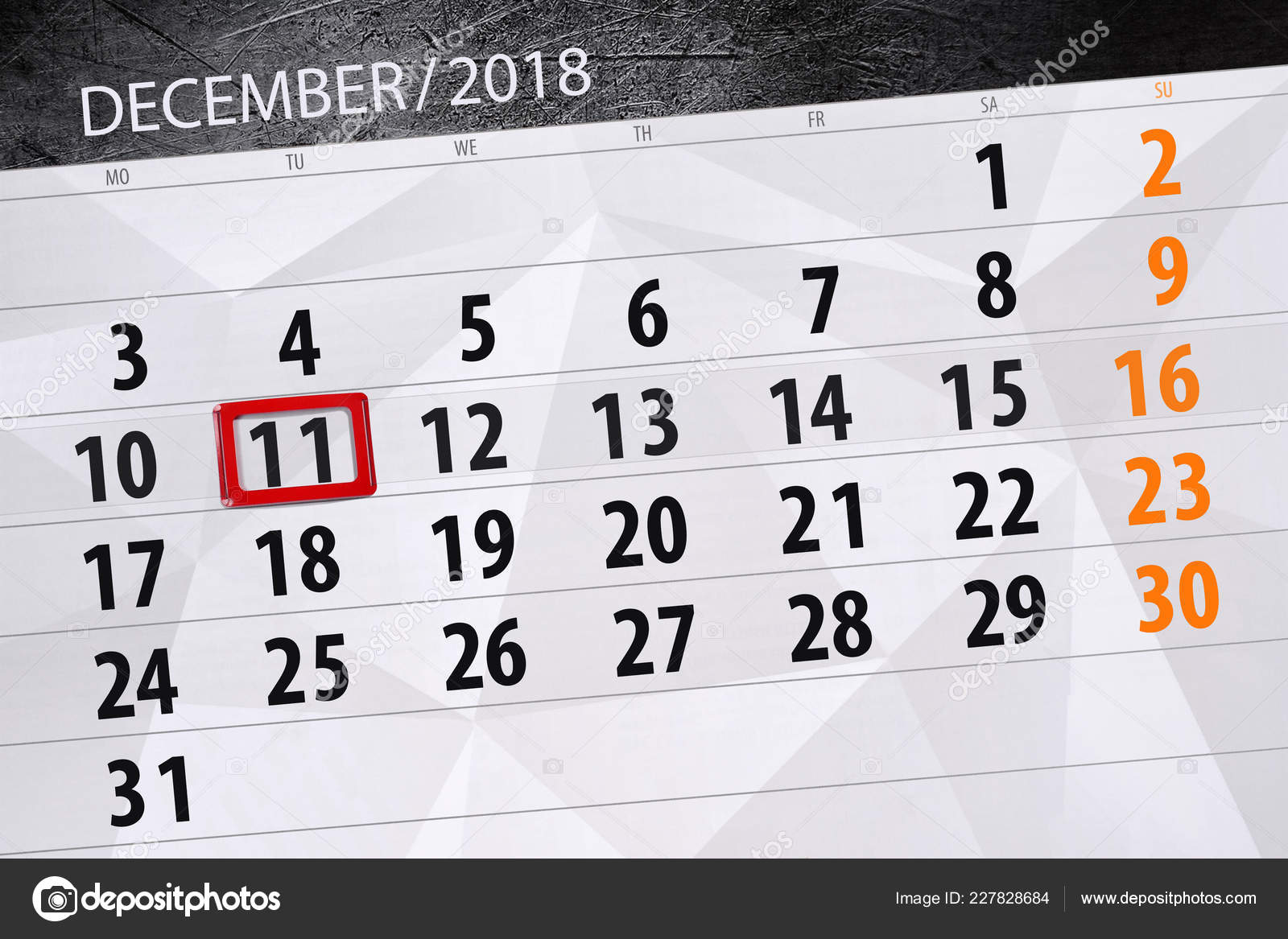 Calendar planner for the month december 2018, deadline day, tuesday, 11 ...