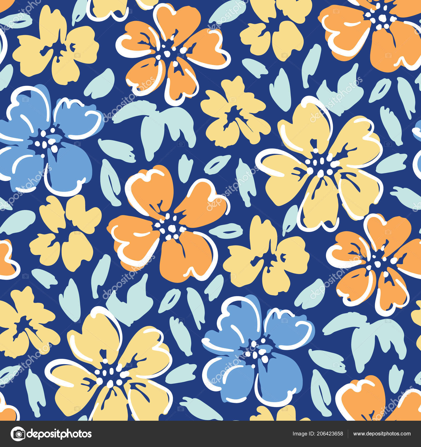 Hand painted large scale floral vector seamless pattern on dark blue ...