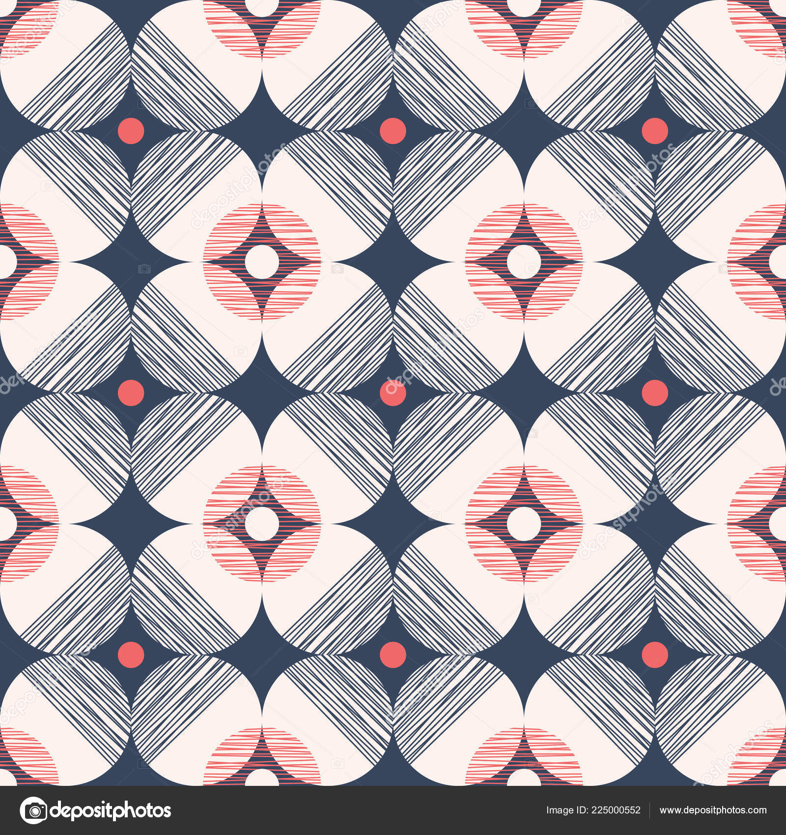 Retro Mod Style Vector Seamless Pattern with Textured Circles on Dark ...