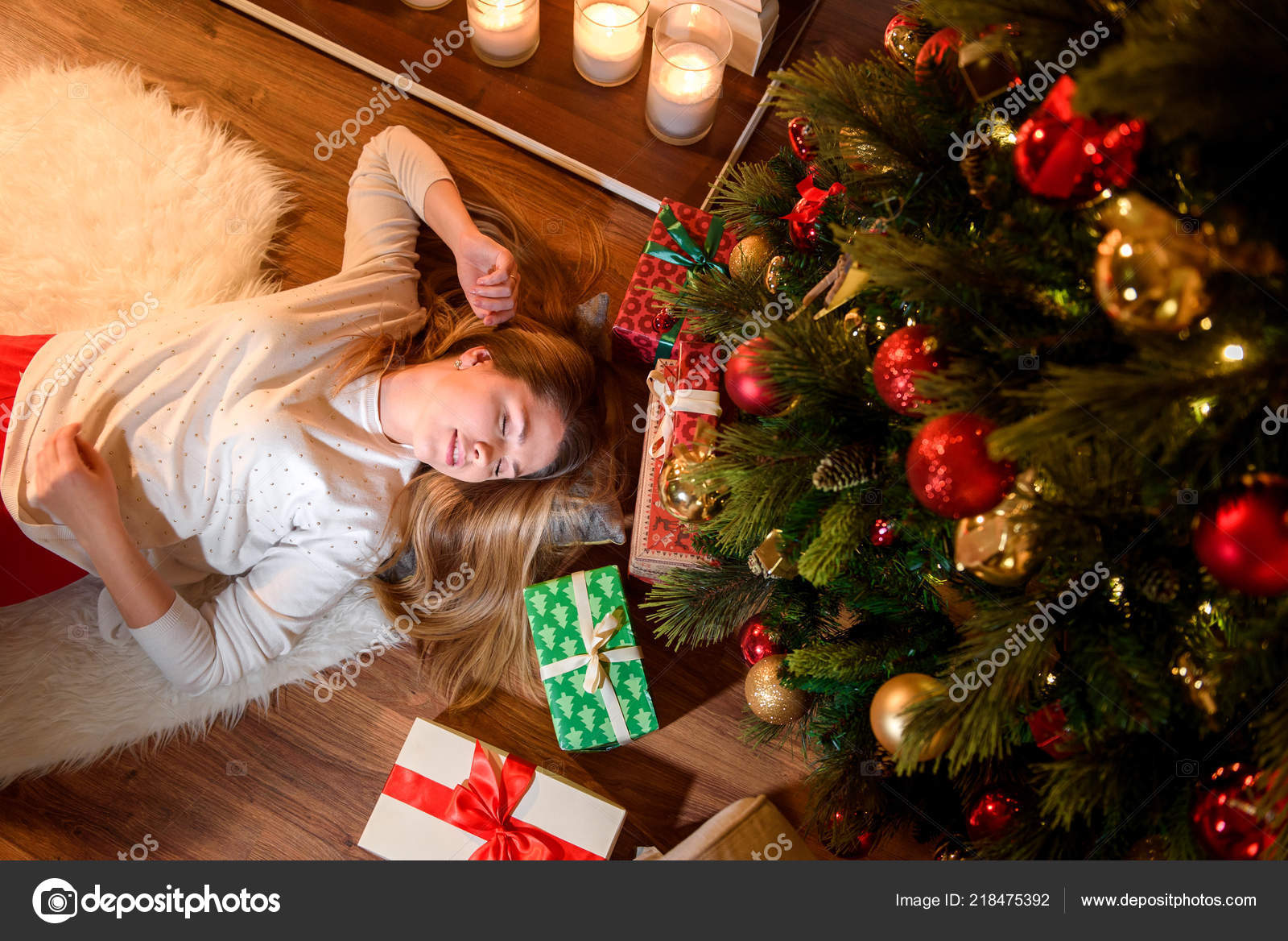 Woman Lying Floor Christmas Decorated Home Charming Girl Lying Gently ...