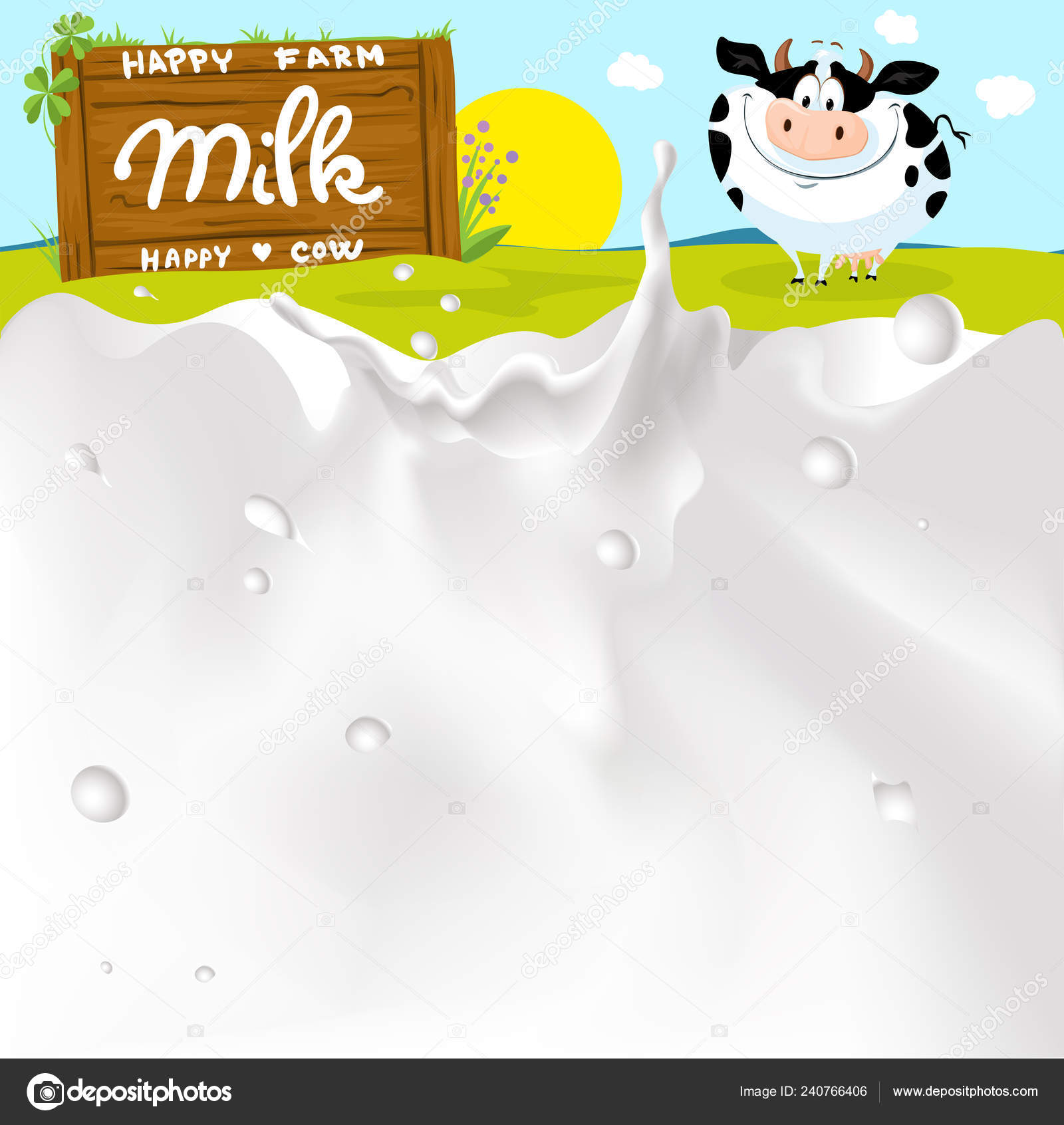 White Milk Splash Farm Background Cow Green Field Sun Vector Stock ...
