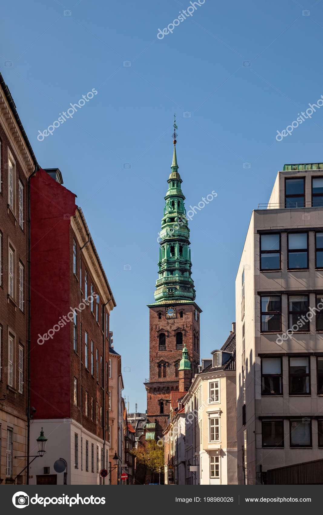 Old Tower Tall Spire Historical Buildings Street Copenhagen Denmark ...