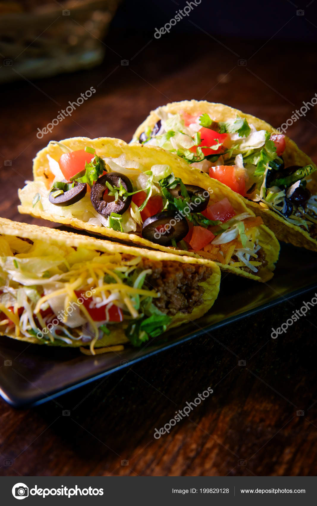 Mexican Beef Tacos Loaded Toppings Including Olives Shredded Lettuce ...