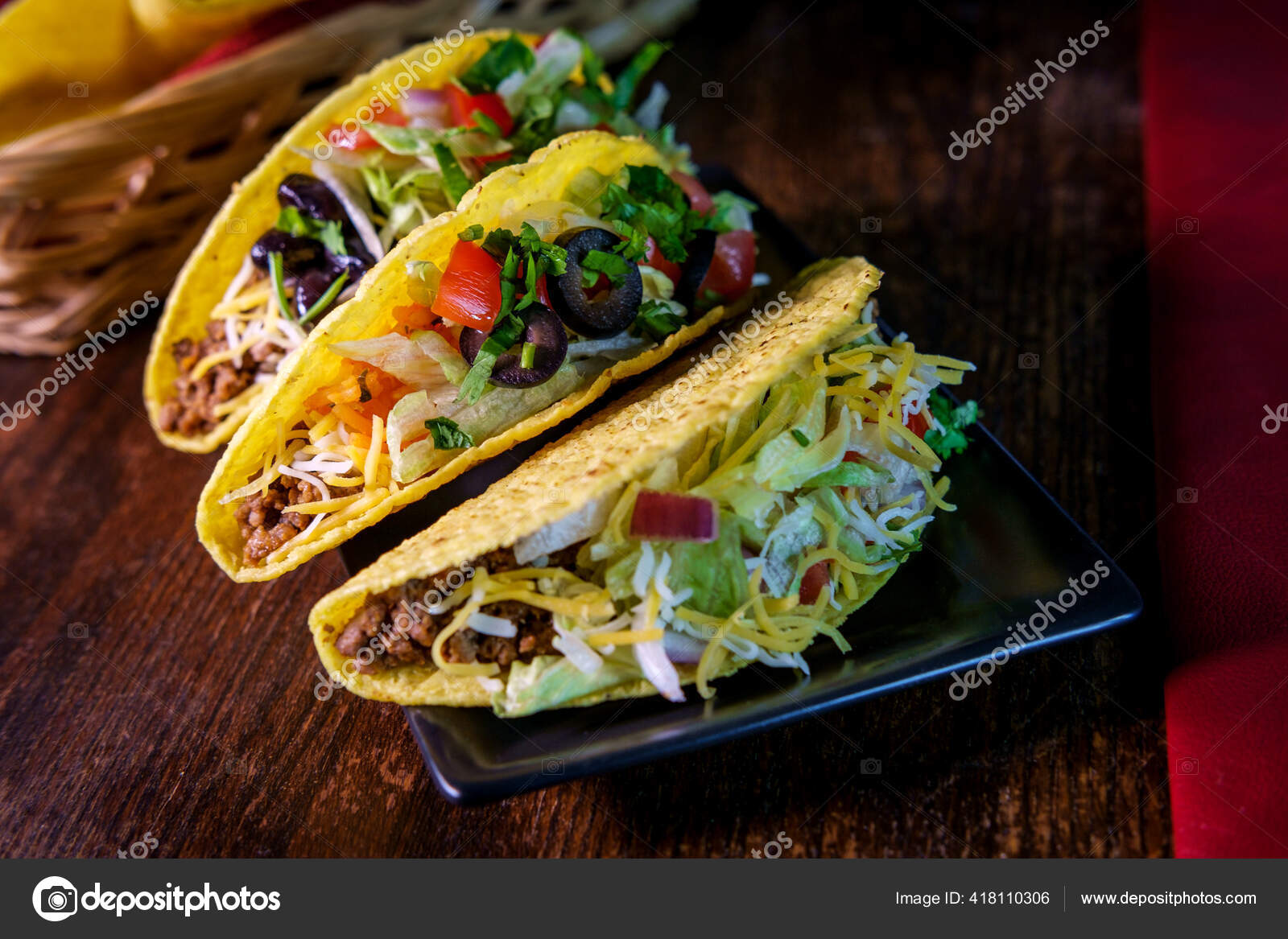 Mexican Beef Tacos Loaded Toppings Including Olives Shredded Lettuce ...