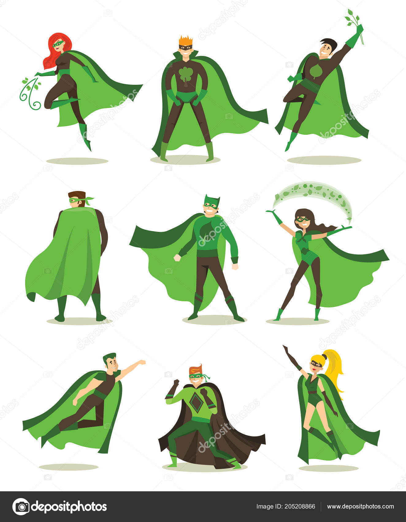 Reihe Von Cartoon Superhelden Auf Weißem Hintergrund Isoliert Stock ...