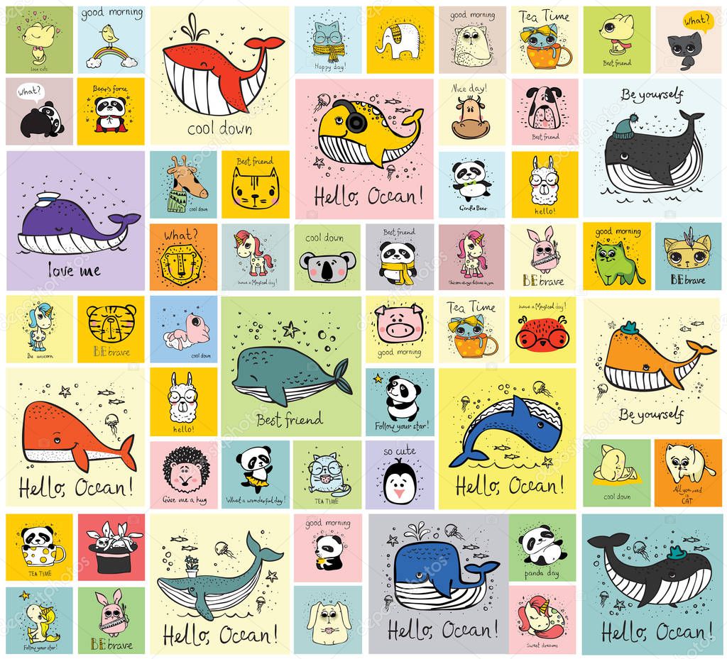 Conjunto de tarjetas vectoriales con caras de animales felices para ...