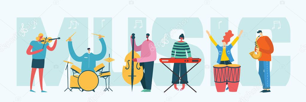 Vector Fondo de m sica en un estilo plano de grupo de canto, tocando la ...