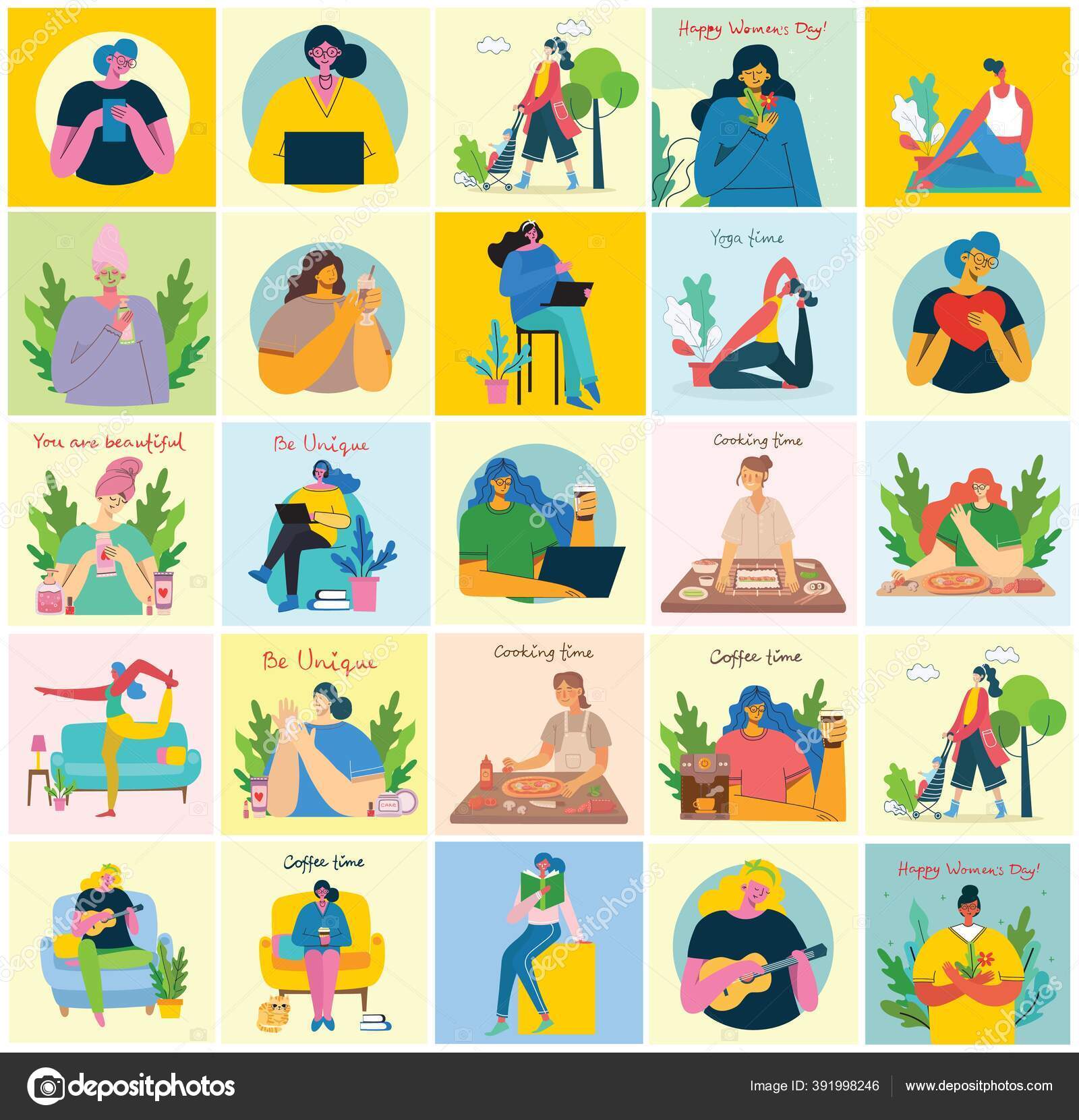 Women Activities Backgrounds Women Doing Yoga Cooking Reading Working ...