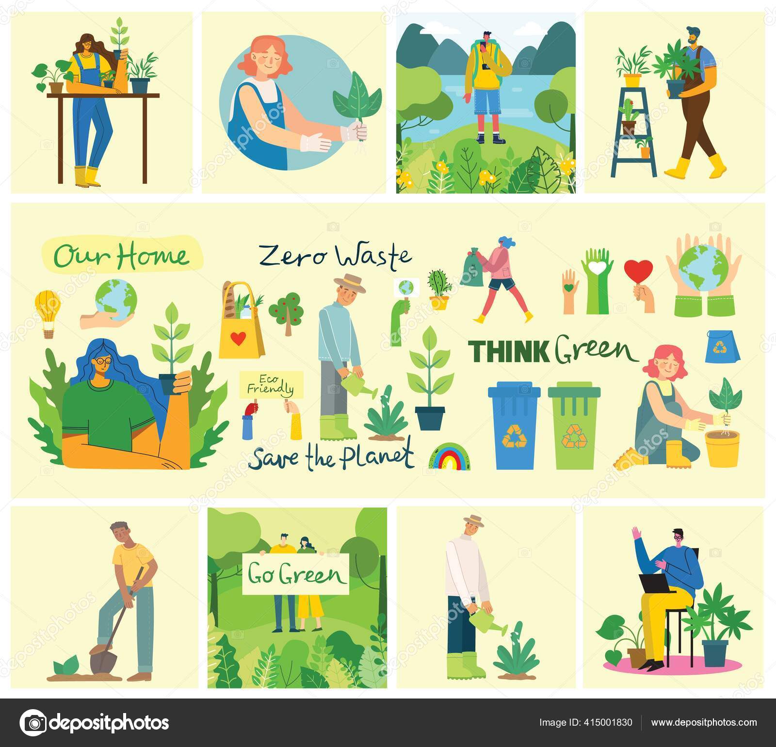 Conjunto de eco guardar imágenes del medio ambiente. Gente cuidando del ...