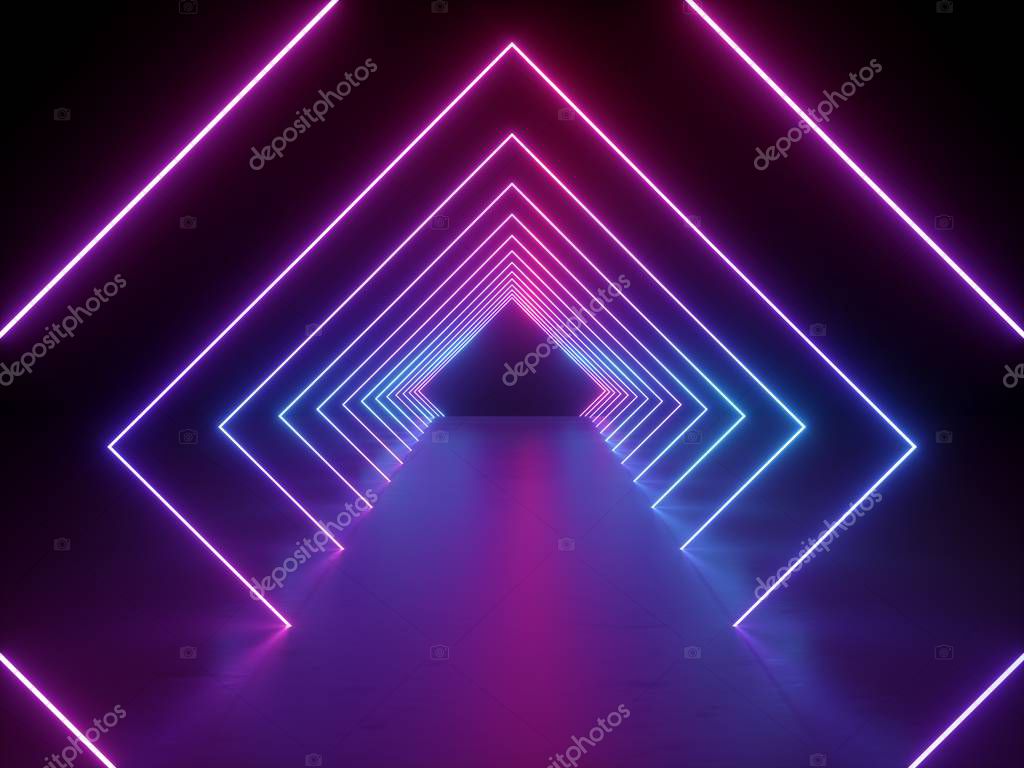 3d render, portal cuadrado de neón ultravioleta, líneas brillantes ...