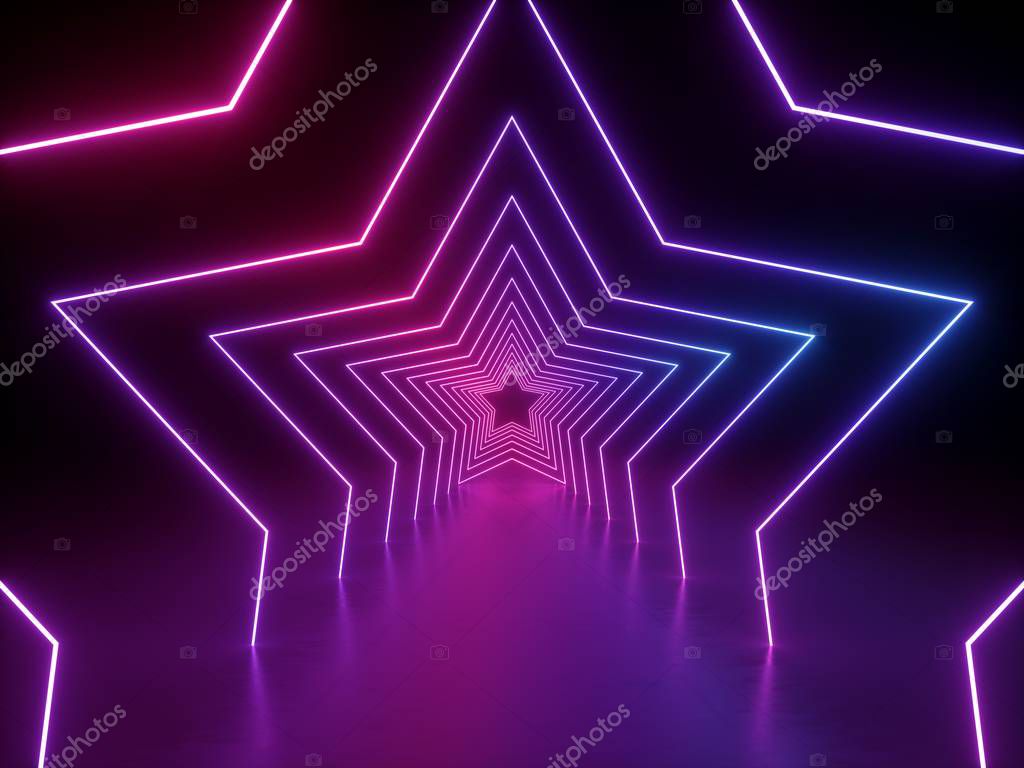 3d render, forma de estrella de neón ultravioleta, líneas brillantes ...