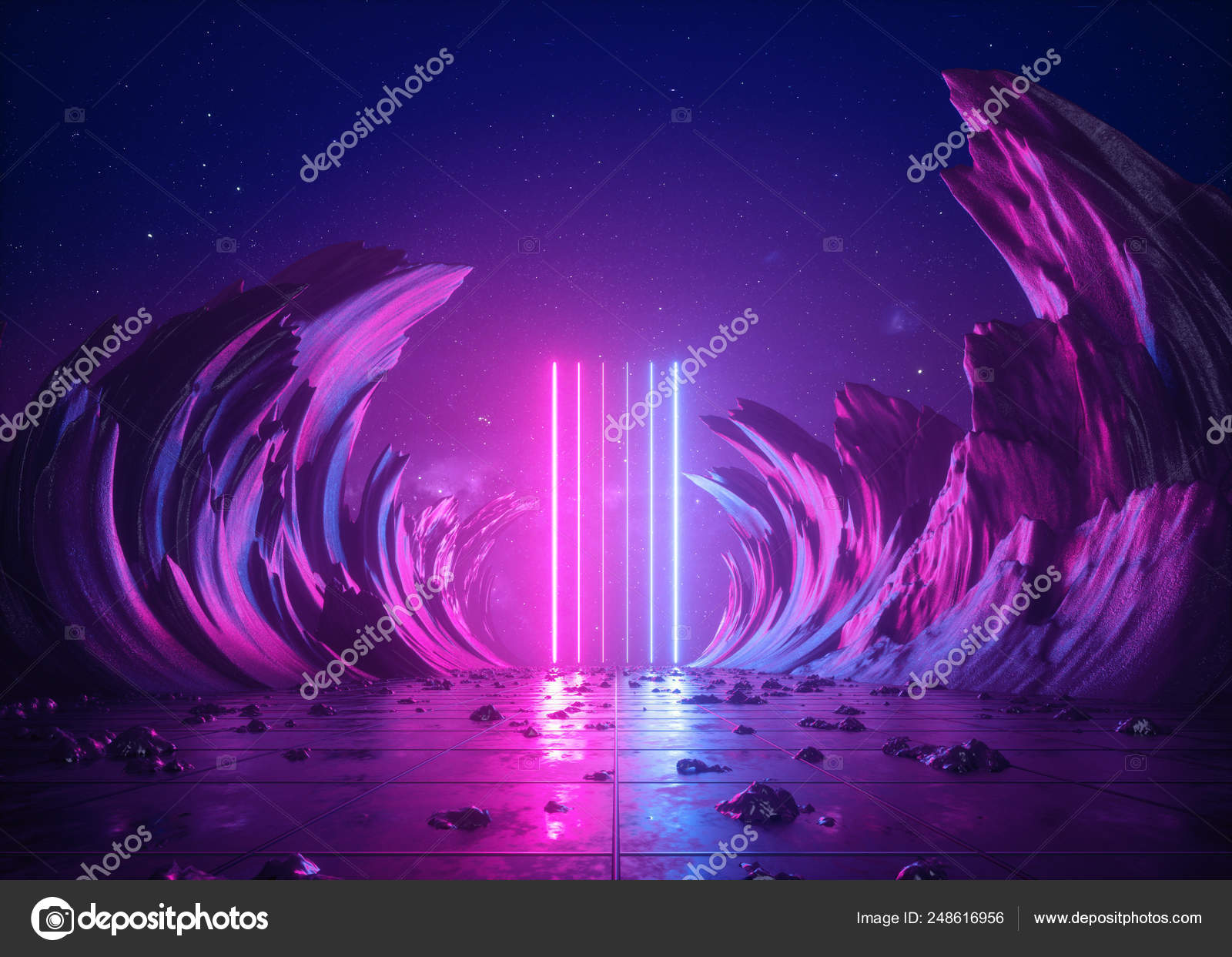 3d render, abstract background, cosmic landscape, alien portal, pink ...
