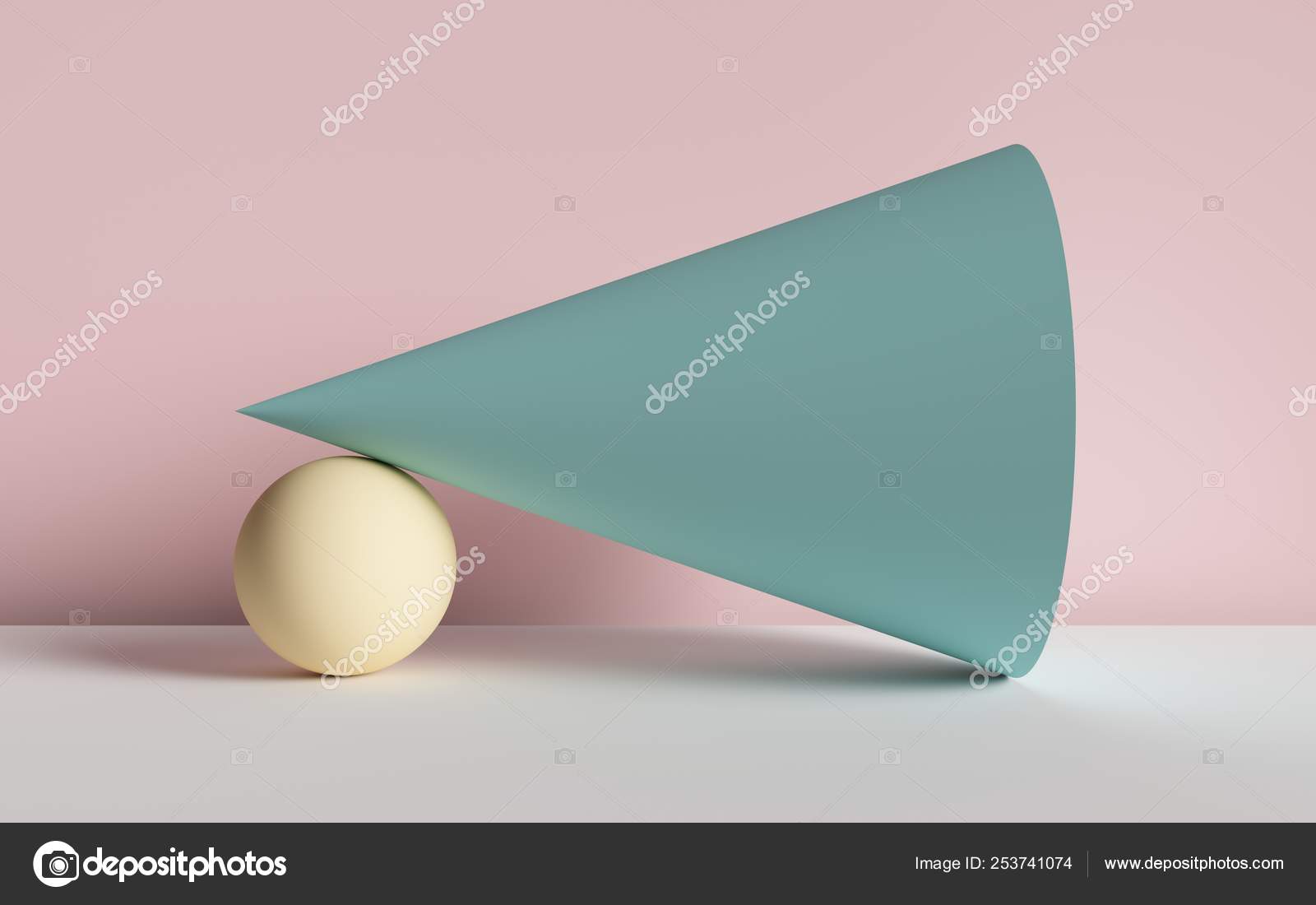 3d render, abstract background, cone, ball, primitive geometric shapes, pastel color palette ...