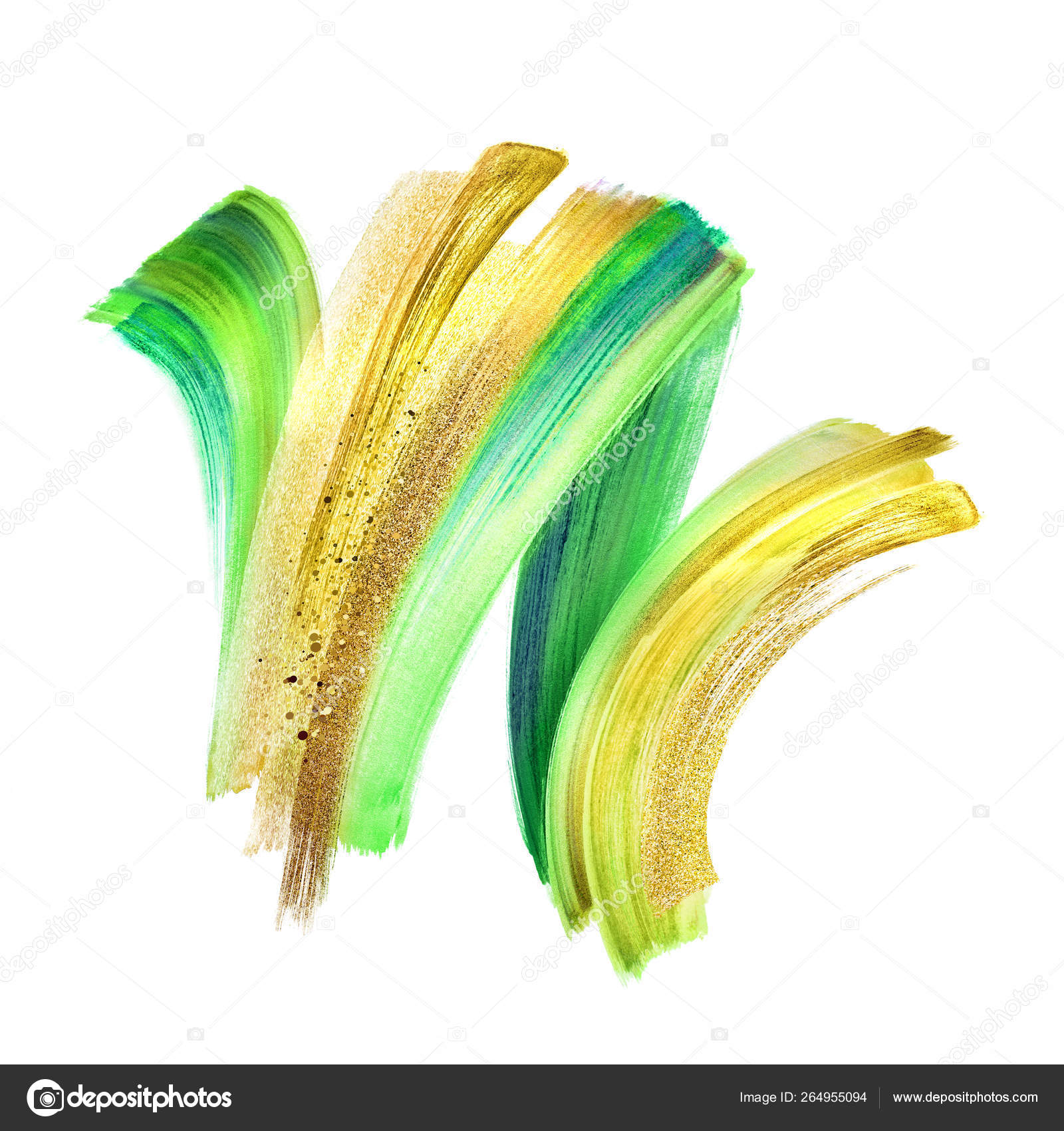 Digital illustration, green gold paint, brush stroke isolated on white ...