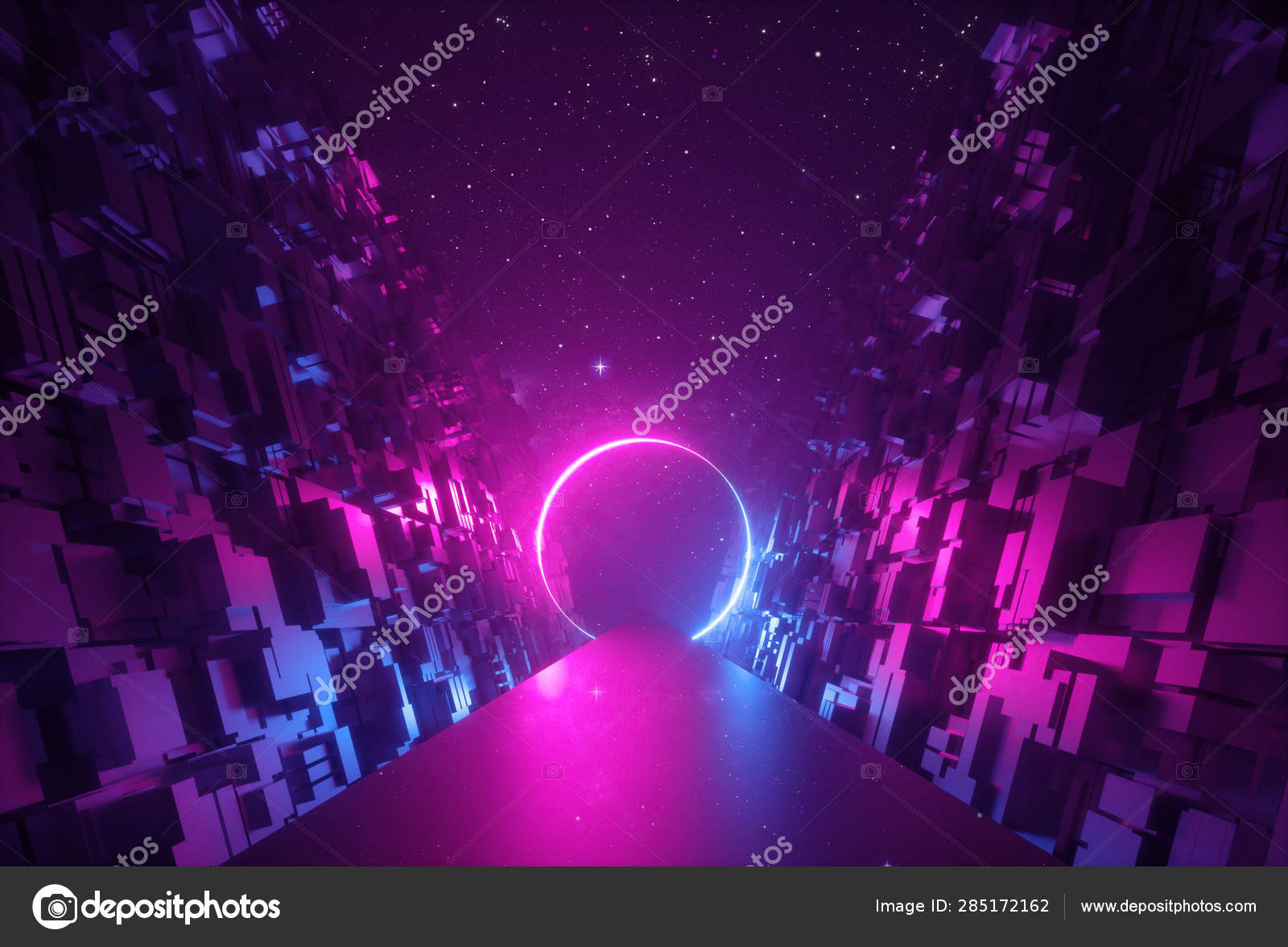 3d abstract neon background, glowing round portal in cyber space, ring ...