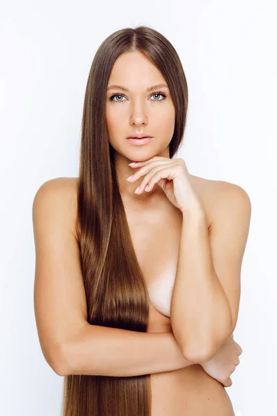 Portrait Naked Woman Long Hair Looking Camera Isolated White Background