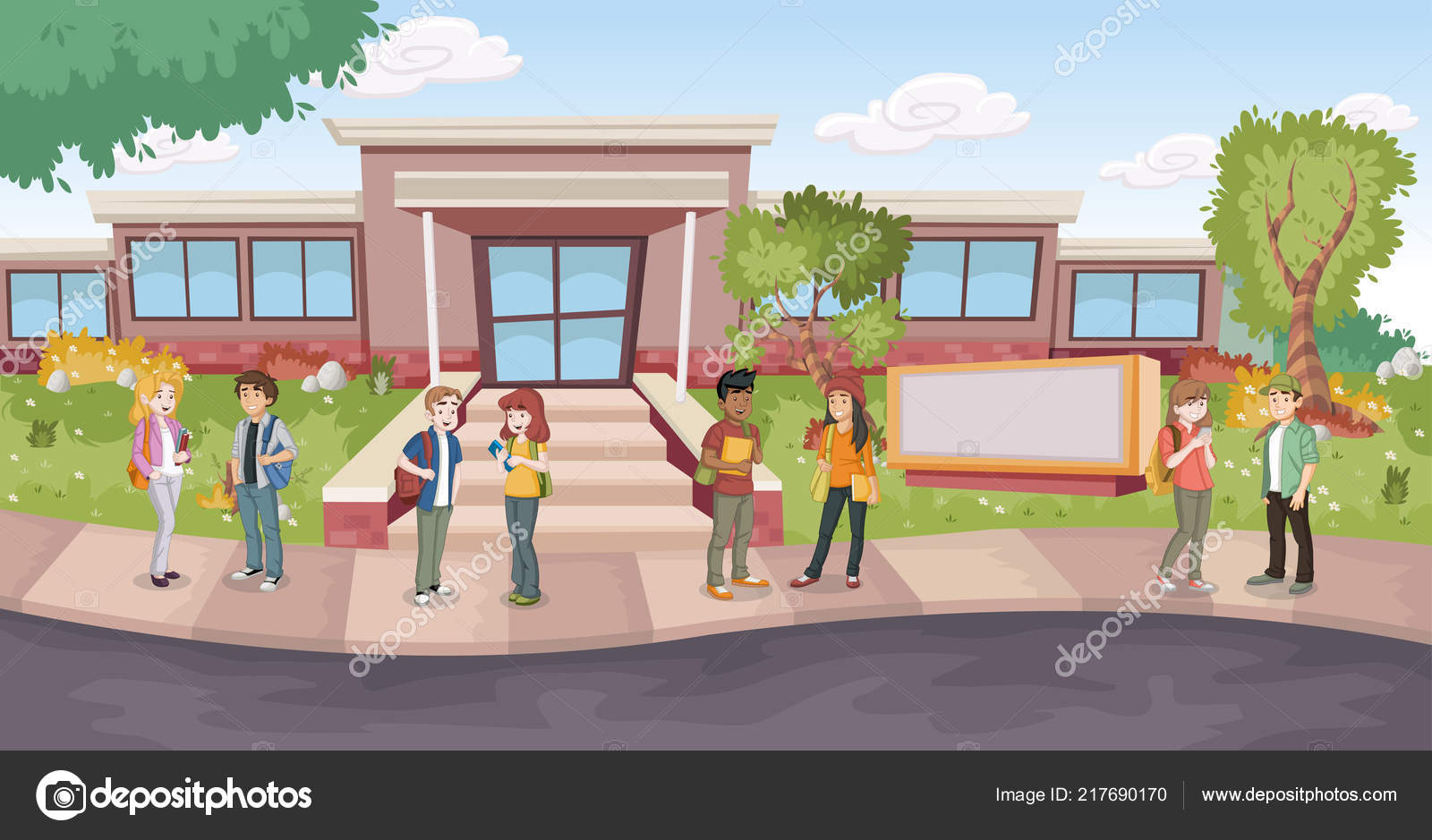 Estudiantes Dibujos Animados Frente Edificio Escuela Vector de stock ...