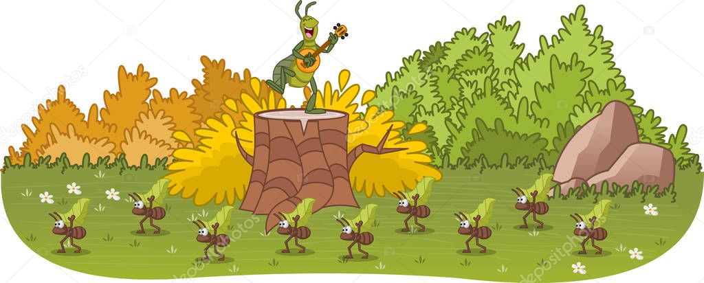 La hormiga y el saltamontes. Personajes de cuento de hadas. 2024