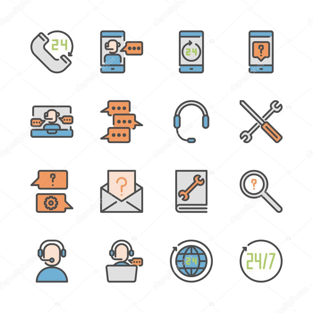 Call center y soporte en el conjunto de iconos de línea de color ...