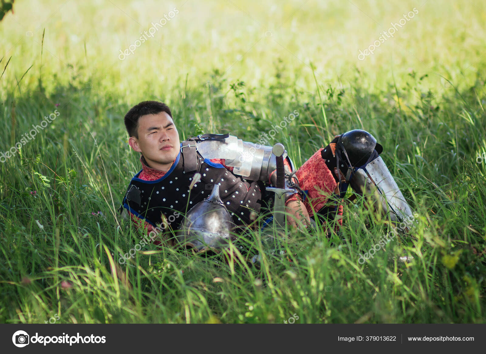 Medieval Asian Warrior Armor Resting While Sitting Tall Grass Stock ...