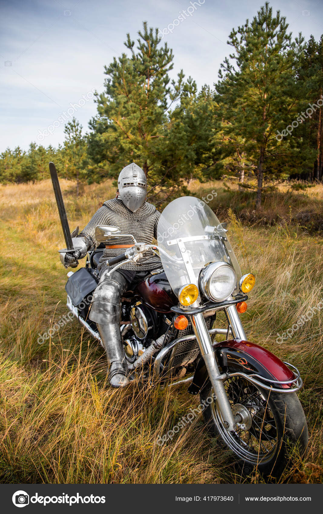 Medieval Knight Chainmail Helmet Sword His Hands Sits Motorcycle Stock ...