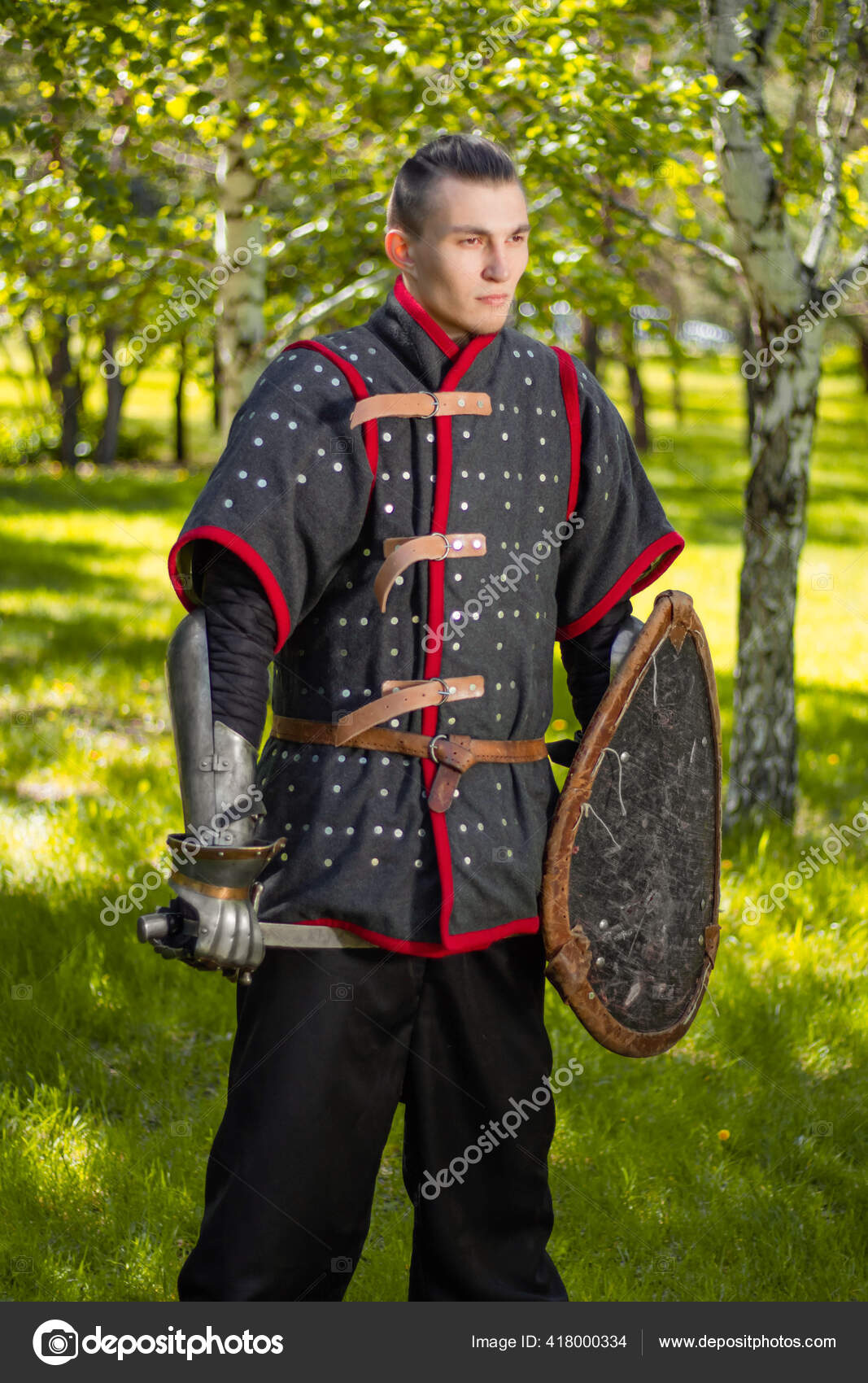 Portrait Medieval Nomad Warrior Armor Shield Saber His Hands Background ...