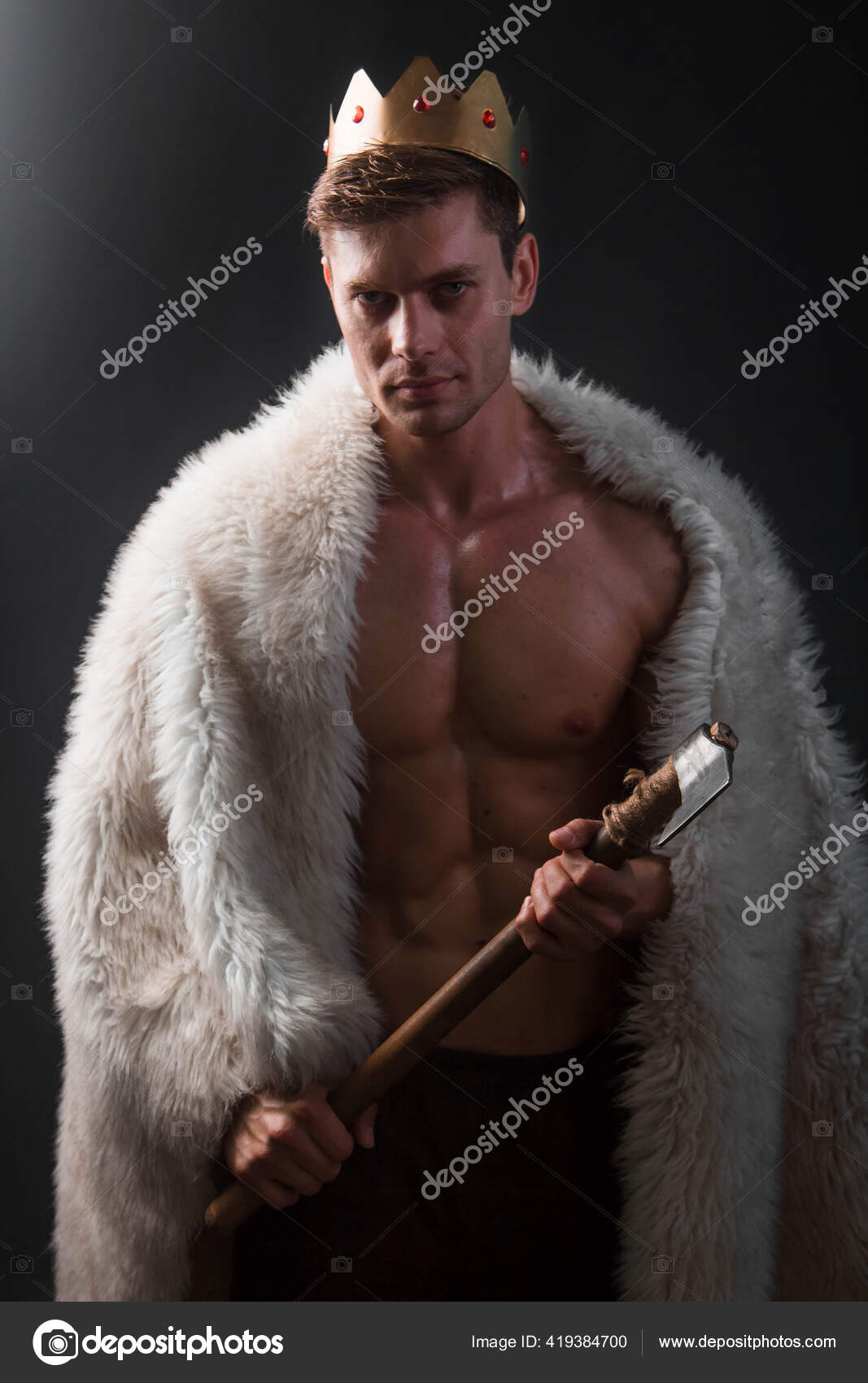 Portrait Young Bodybuilder Crown His Head Fur Gown His Shoulders Stock ...