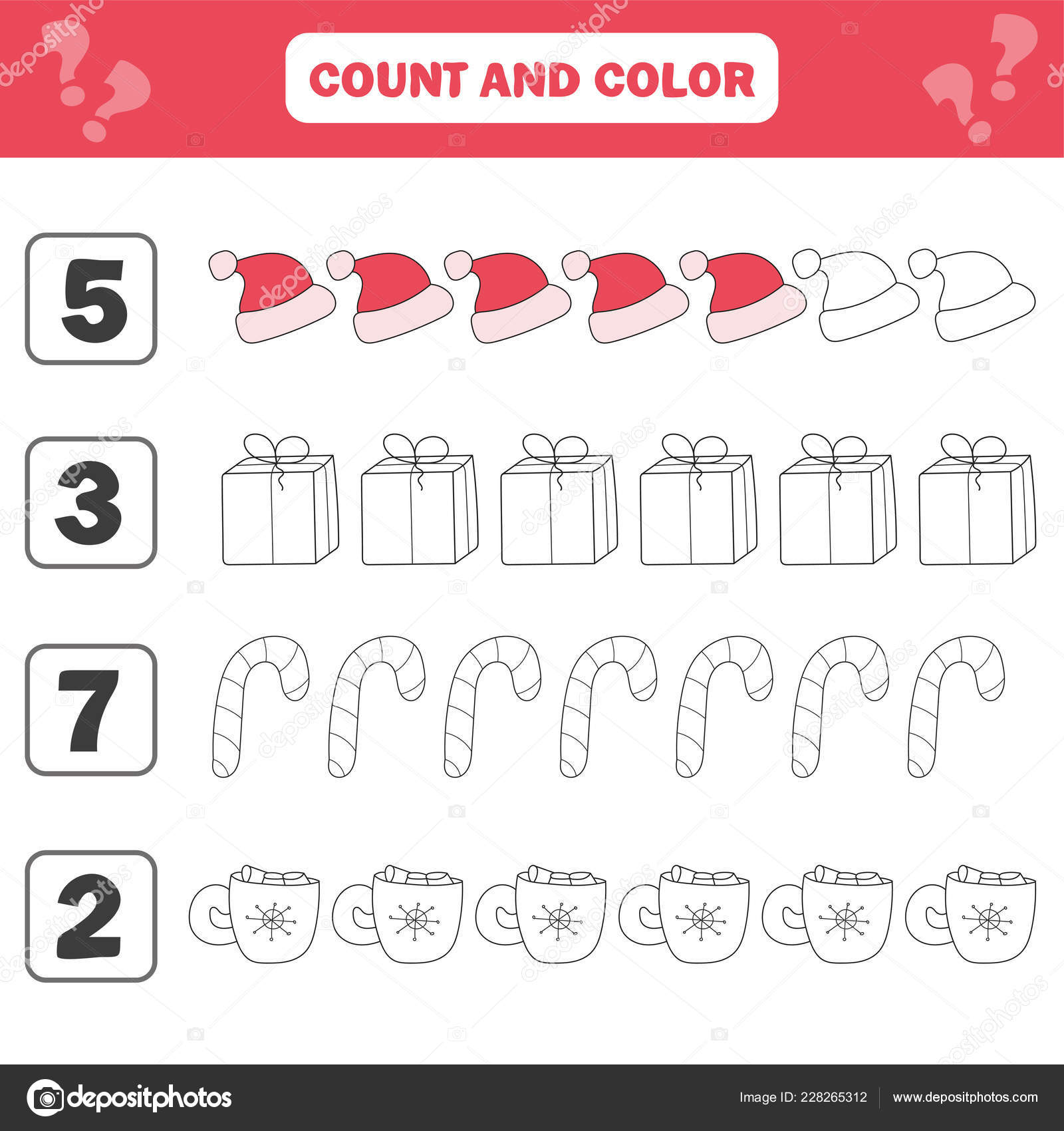 Hoja de trabajo de matemáticas para niños. Cuenta y colorea la ...