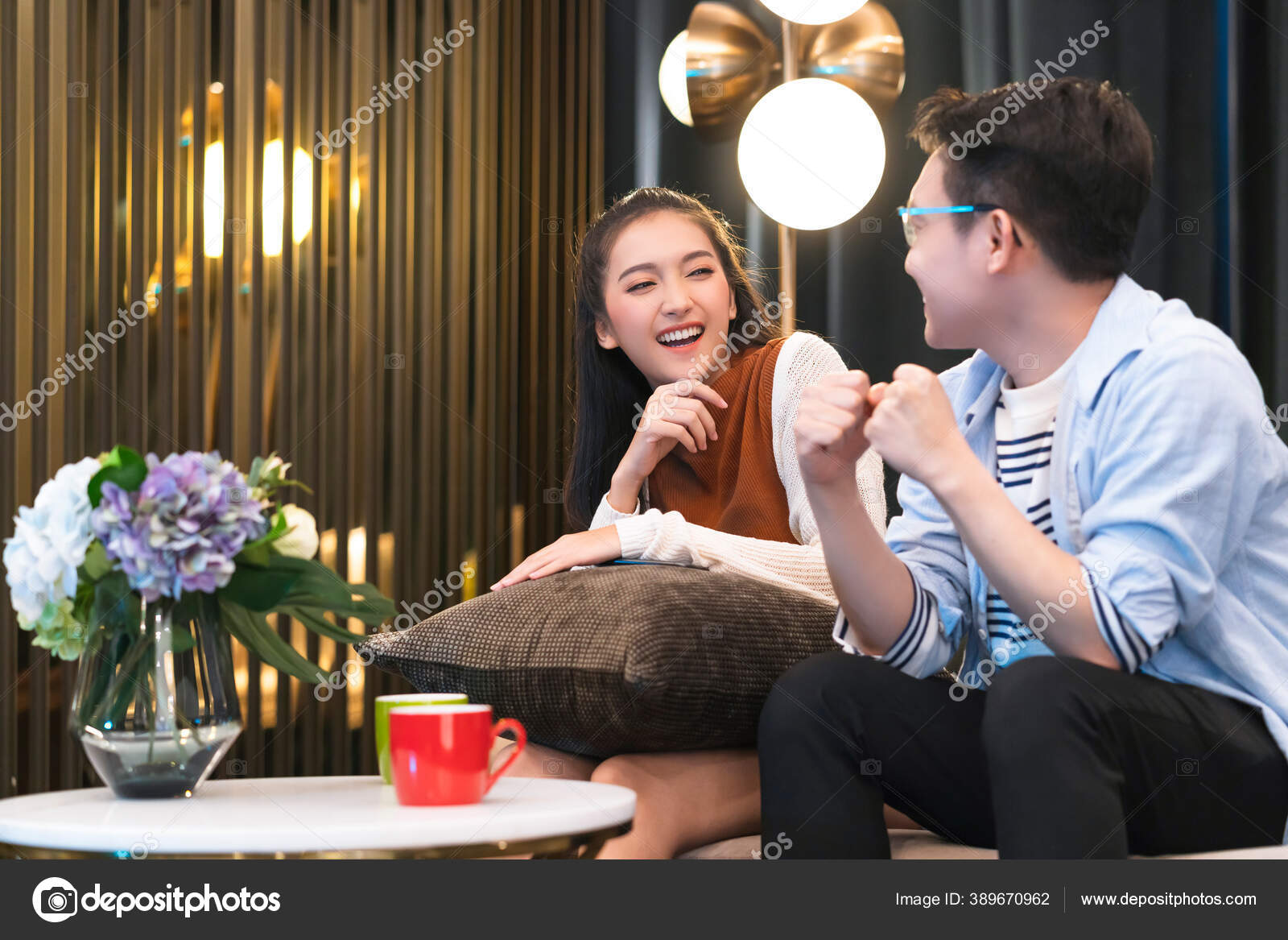 Happiness Young Asian Couple Marry Family Enjoy Show Good Conversation ...