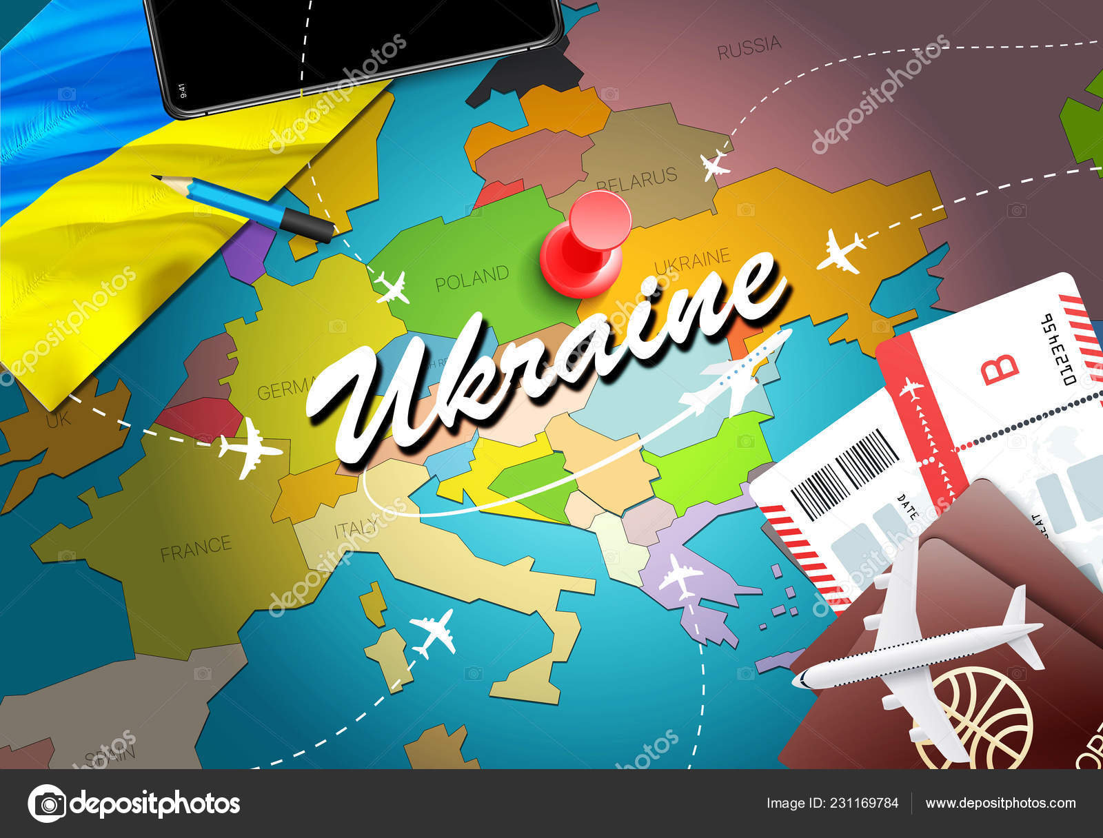 Ukraine Travel Concept Map Background Planes Tickets Visit Ukraine ...