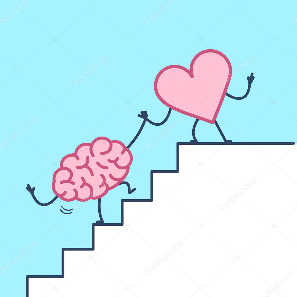Corazón ayudando al cerebro al éxito en las escaleras, icono en el ...
