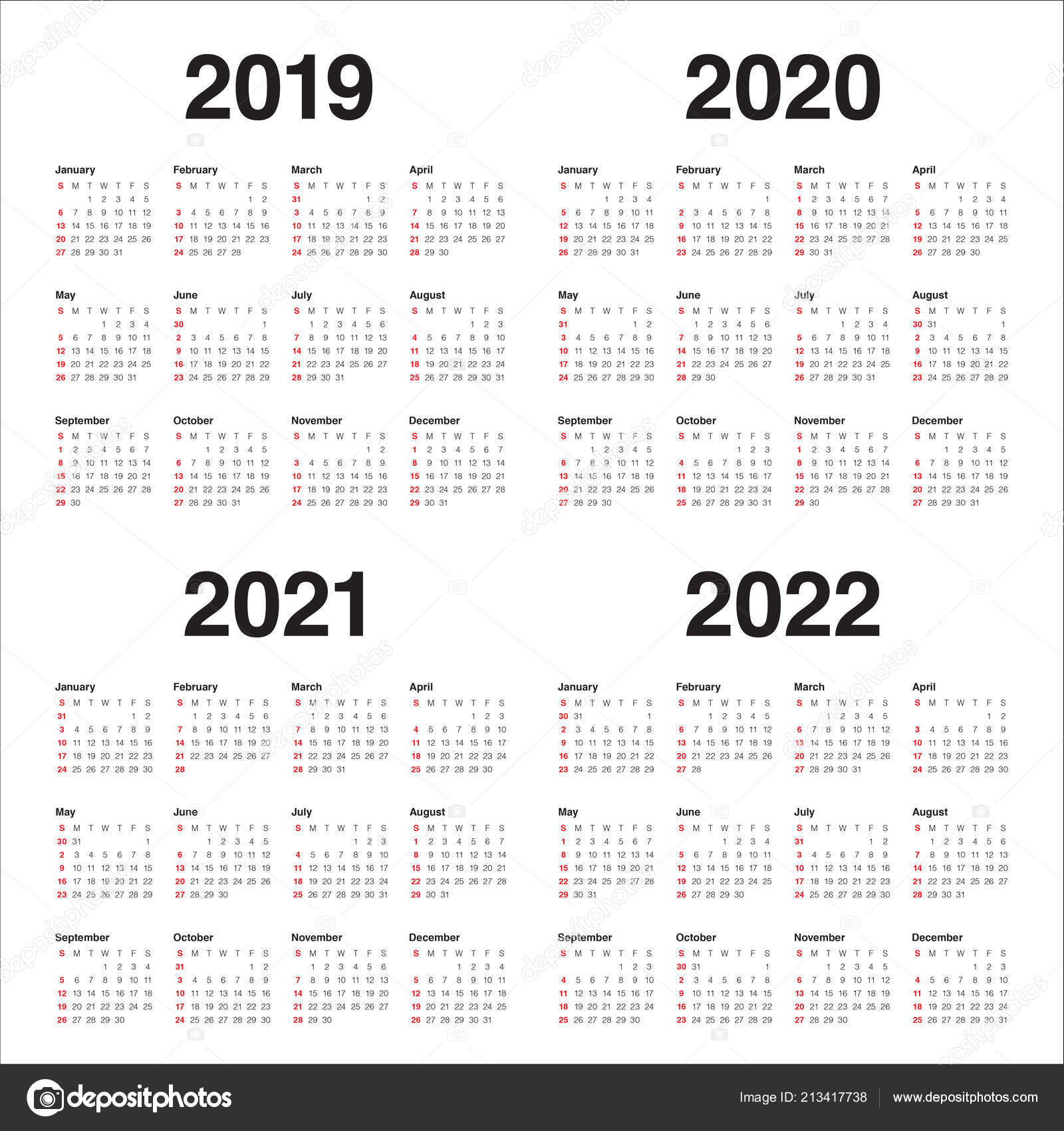 Year 2019 2020 2021 2022 Calendar Vector Design Template Simple — Stock ...