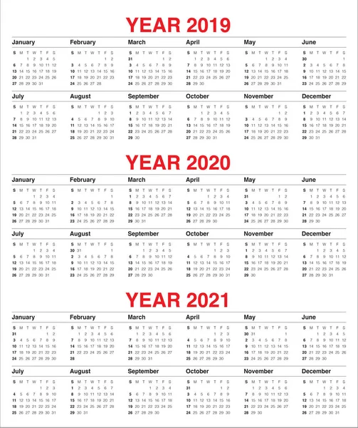 Year 2018 2019 2020 2021 2022 Calendar Vector Stock Illustration 2021