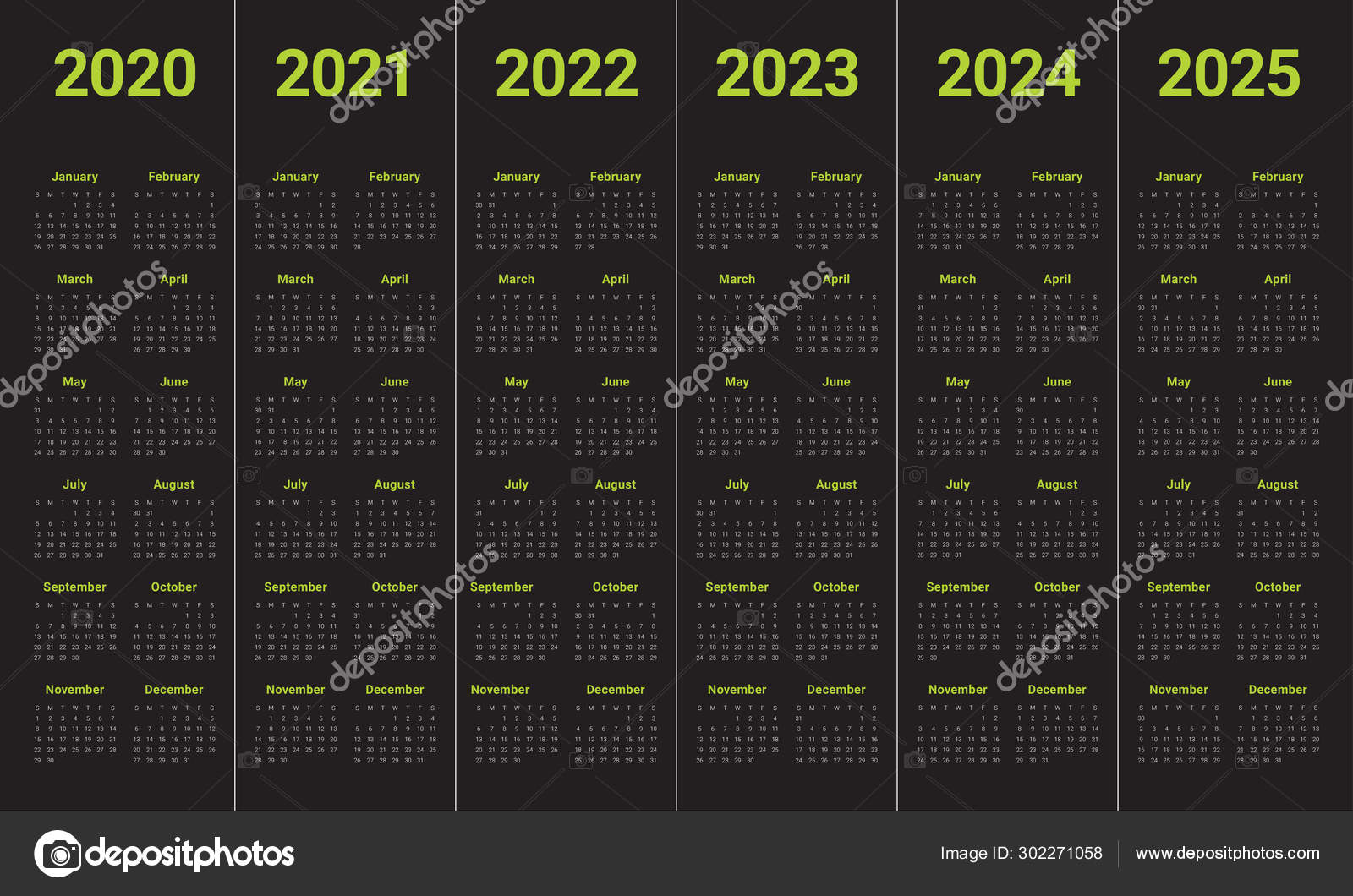 Year 2020 2021 2022 2023 2024 2025 calendar vector design templa Stock ...