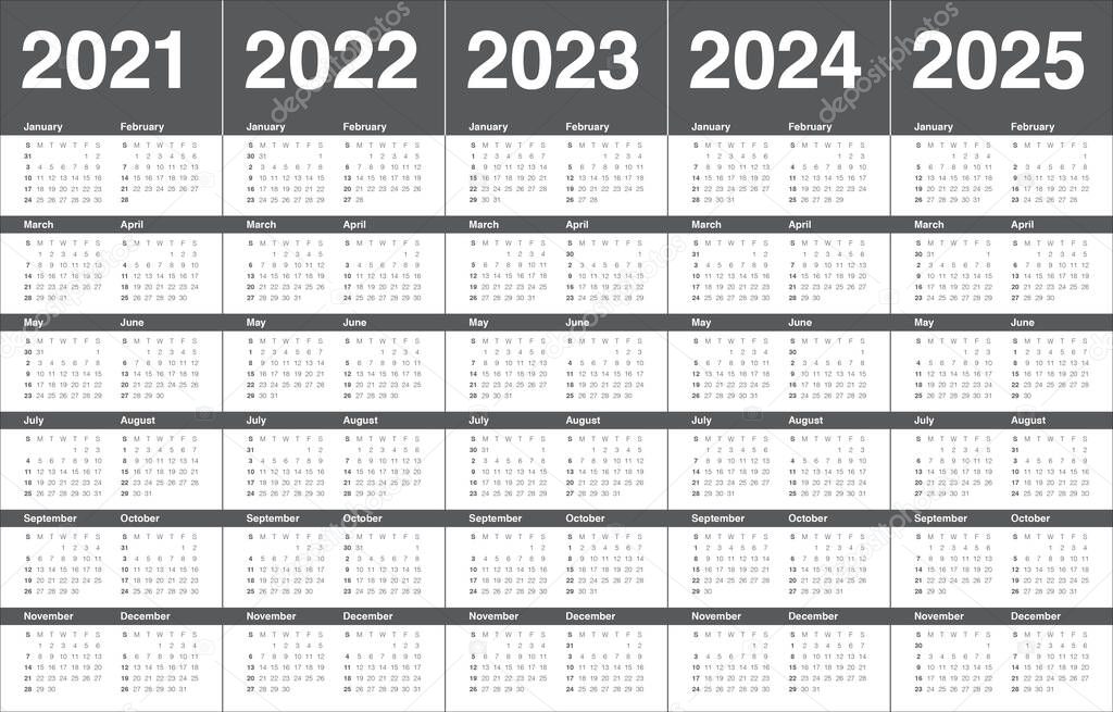 Año 2021 2022 2023 2024 2025 plantilla de diseño de vectores calendario, diseño simple y limpio 2023