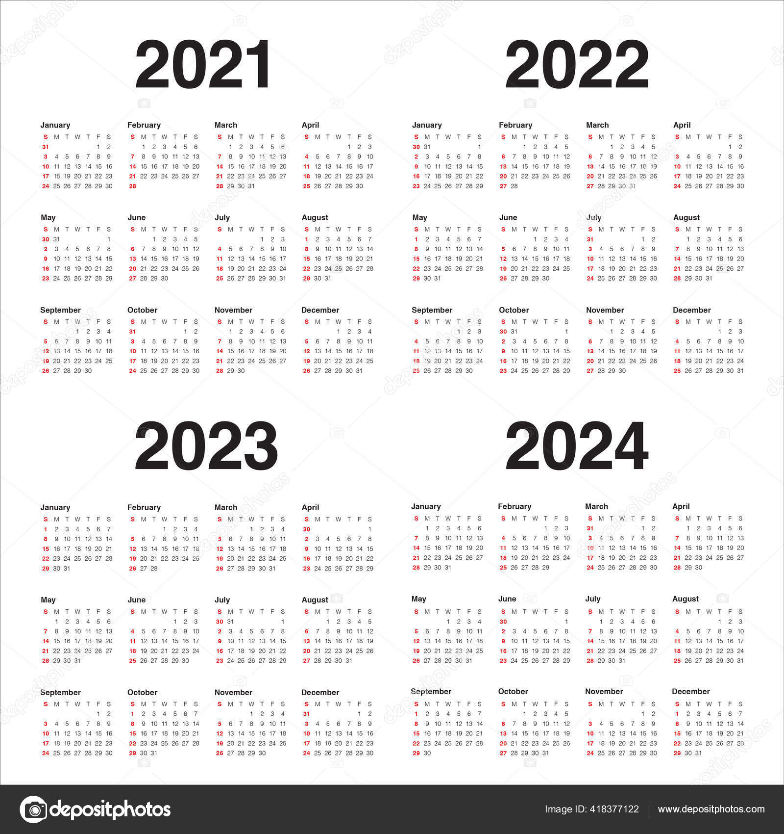2021 2022 2023 2024 Kalender Vektor Design Skabelon Enkel Ren Stock ...