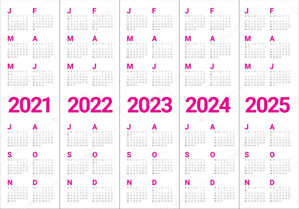 Año 2021 2022 2023 2024 2025 plantilla de diseño de vectores calendario, diseño simple y limpio 2023