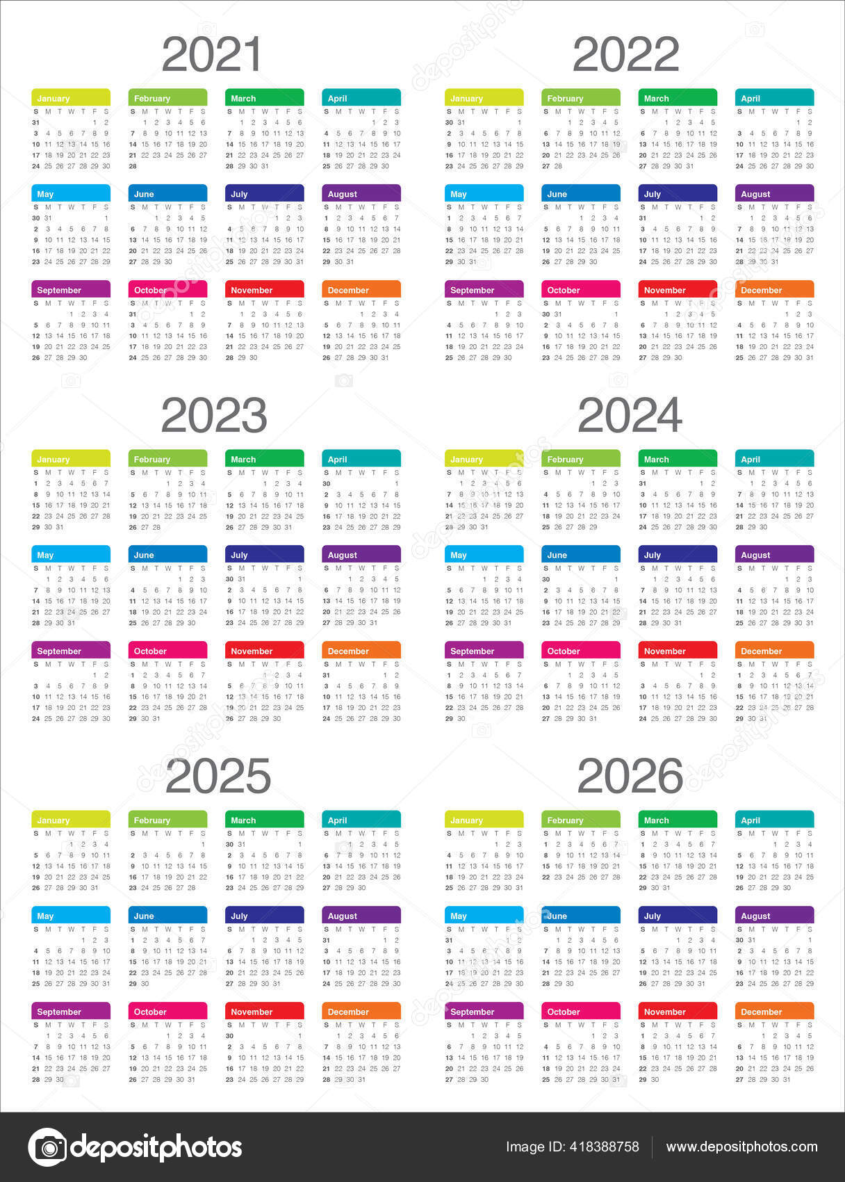 Year 2021 2022 2023 2024 2025 2026 Calendar Vector Design Stock Vektor od ©dolphfynlow 418388758