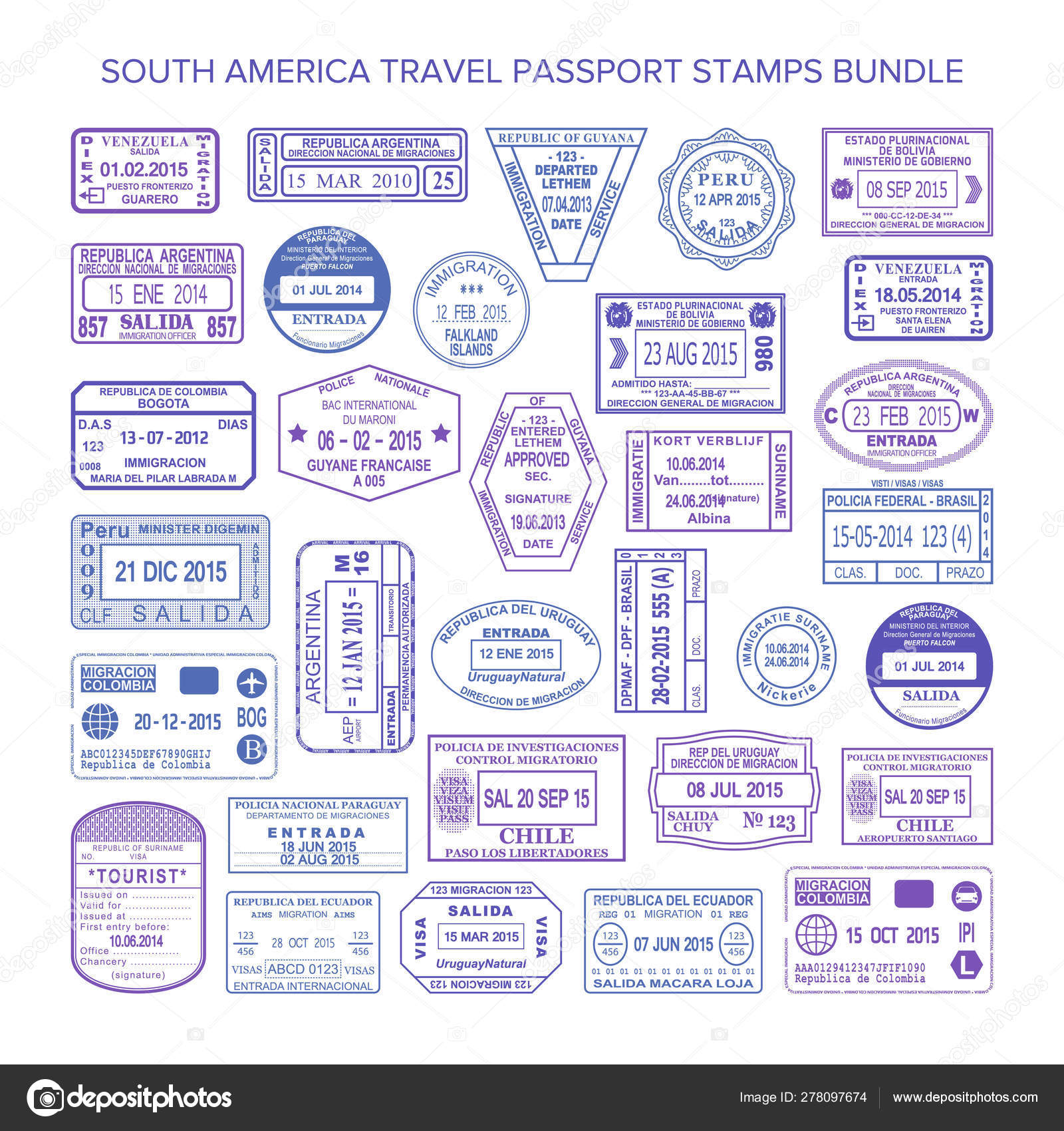 Conjunto de sellos de visado de viaje a color Vector América del Sur Vector de Stock de ©alex ...